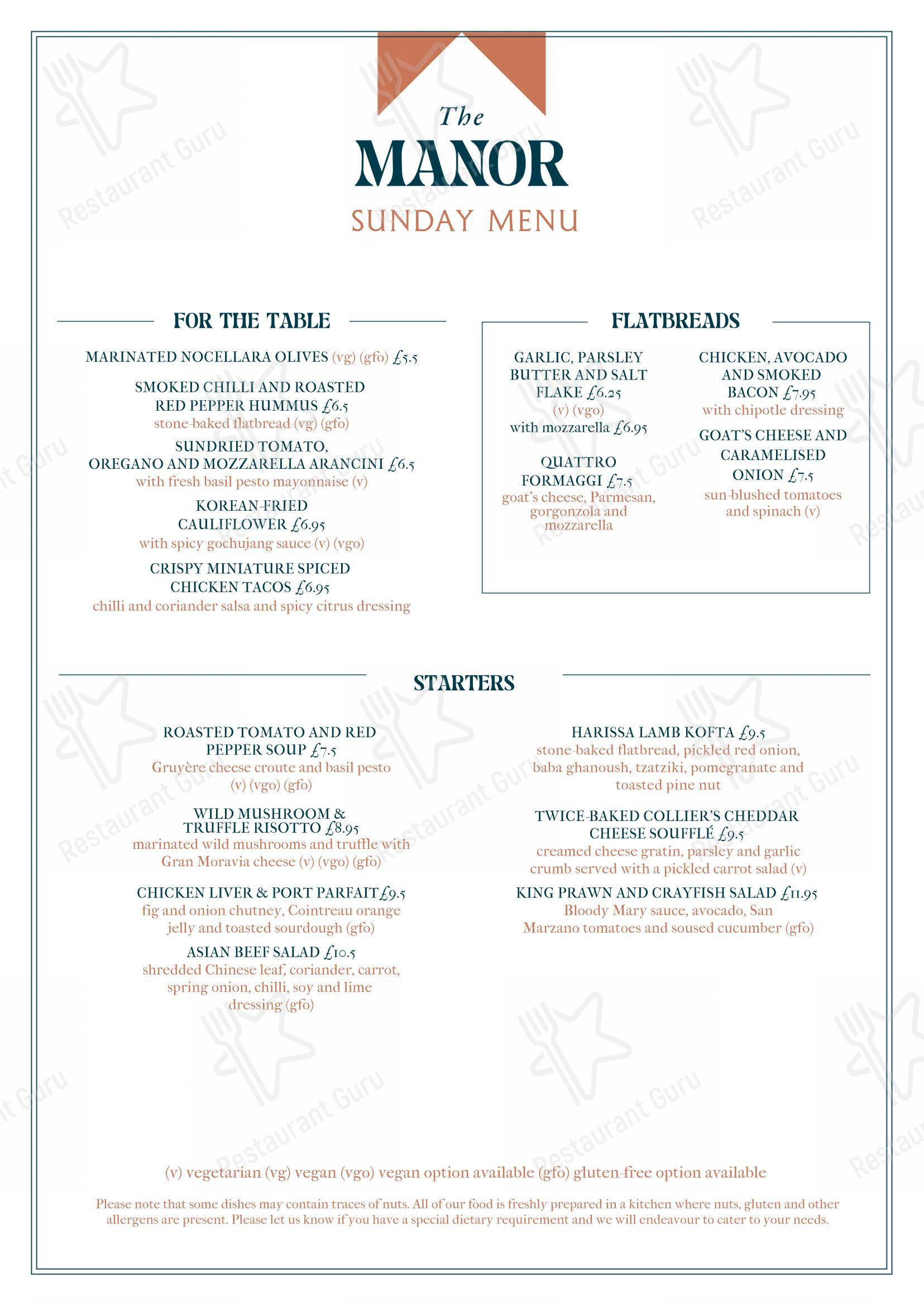 Menu at The Manor restaurant, Greasby