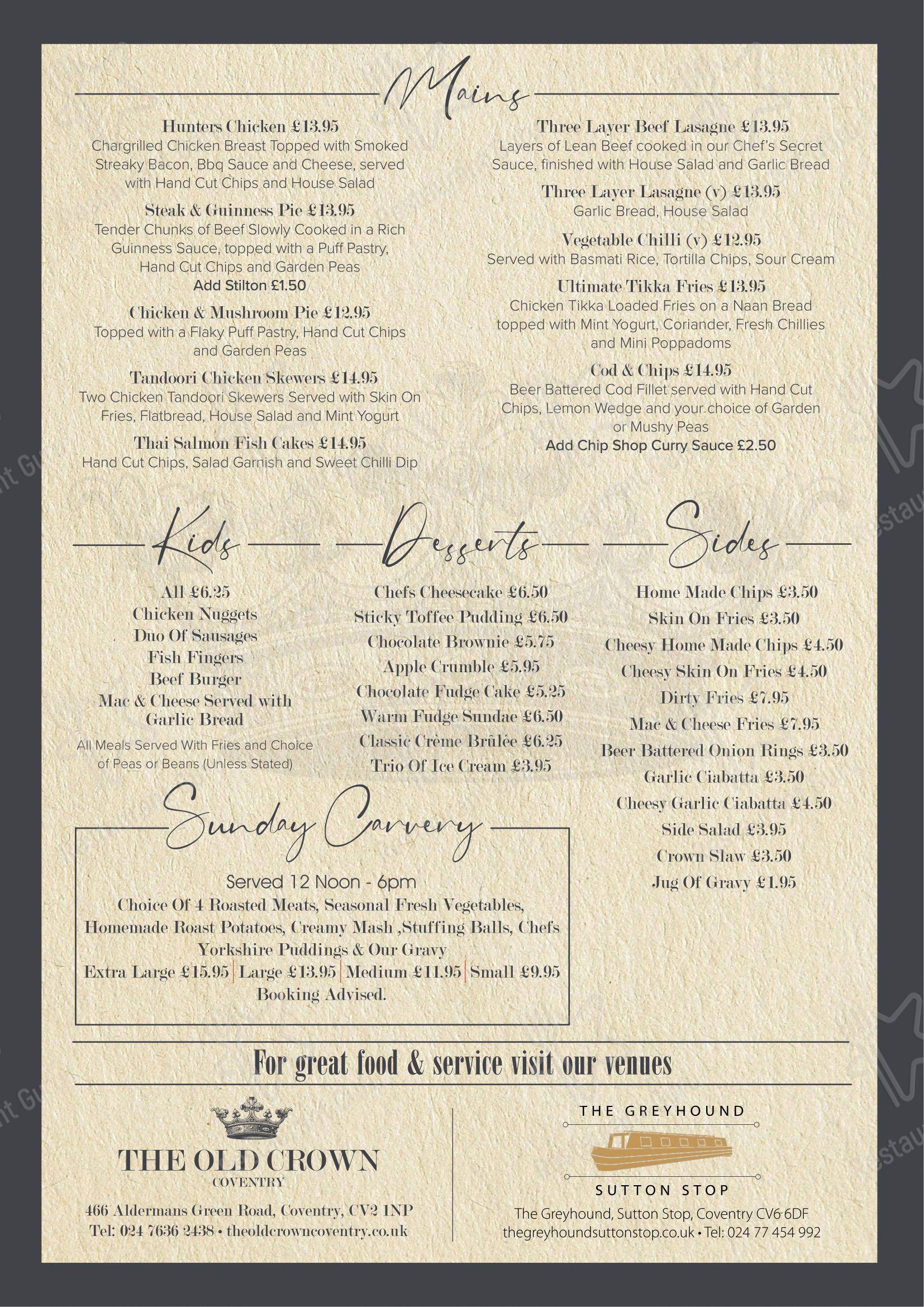Menu at The Old Crown pub & bar, Coventry, 466 Aldermans Green Rd