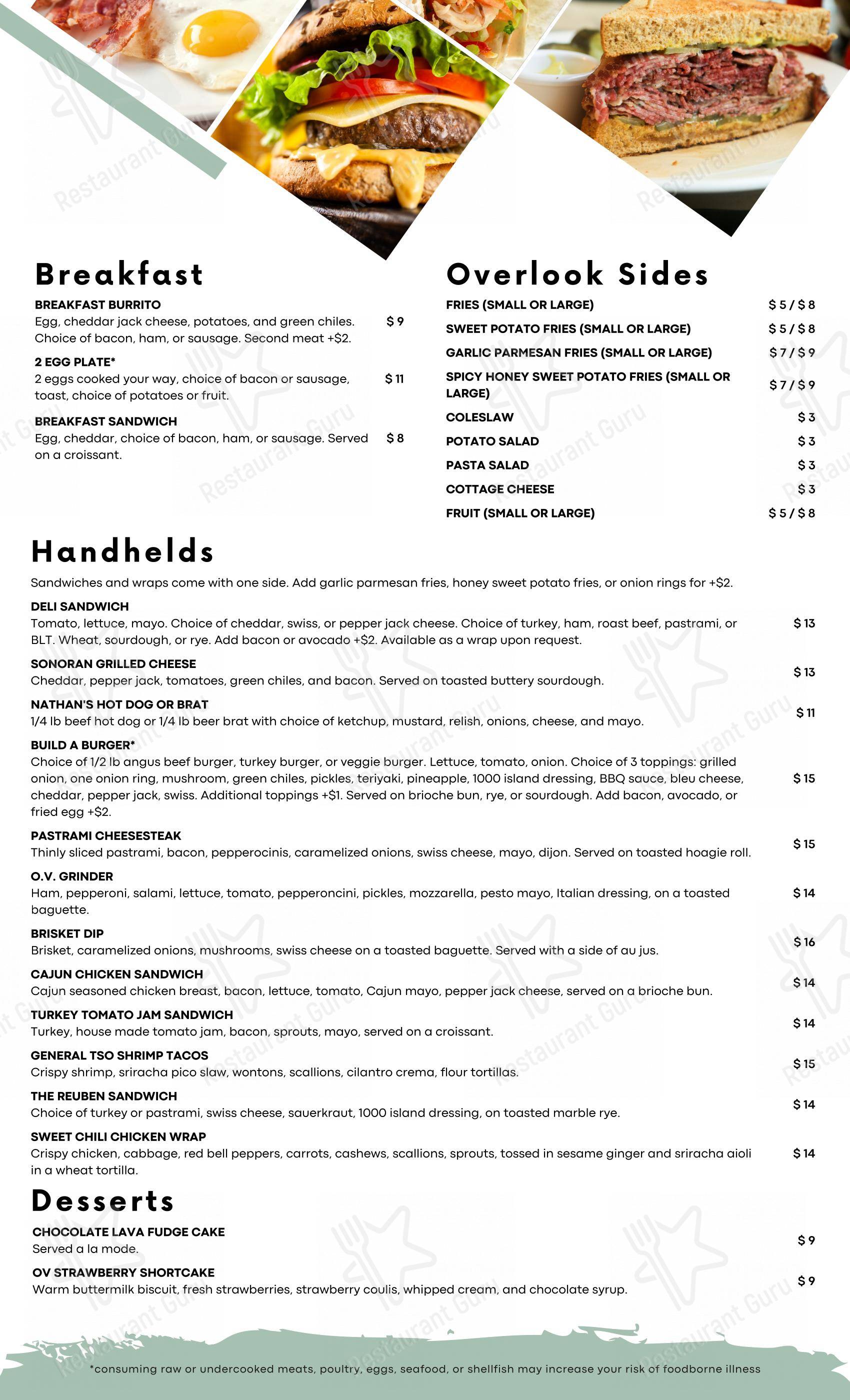 Menu at The Overlook restaurant, Oro Valley