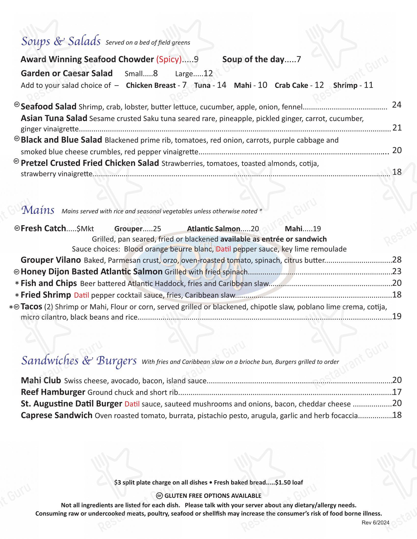 Menu at The Reef restaurant, St. Augustine
