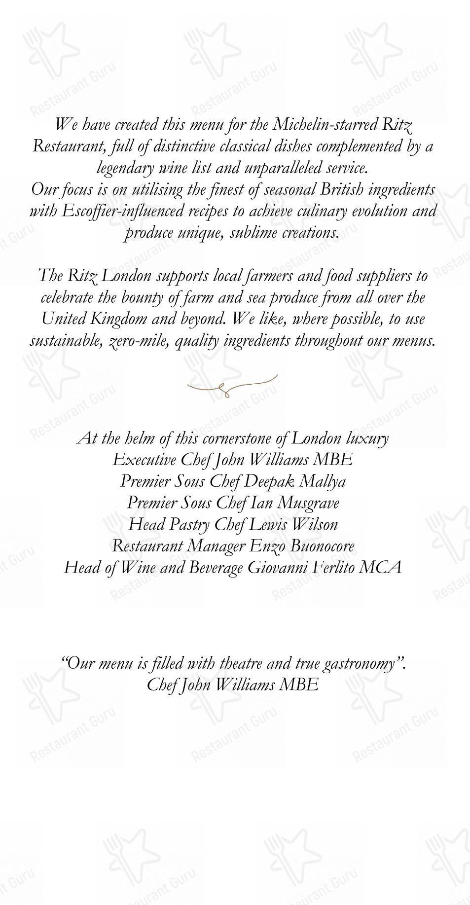 Menu at The Ritz Restaurant, London