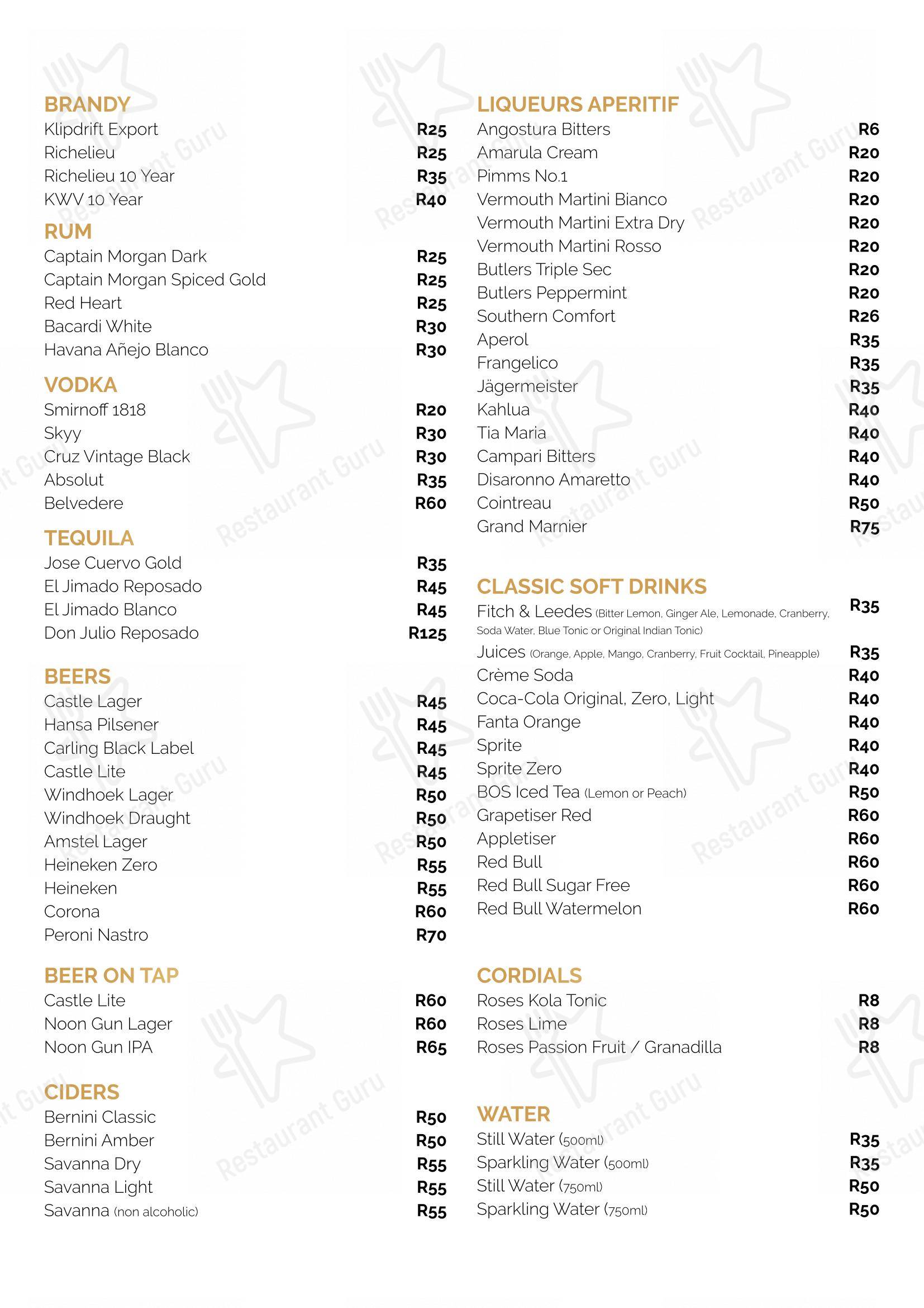 Menu at The Sanctuary Restaurant, Cape Town