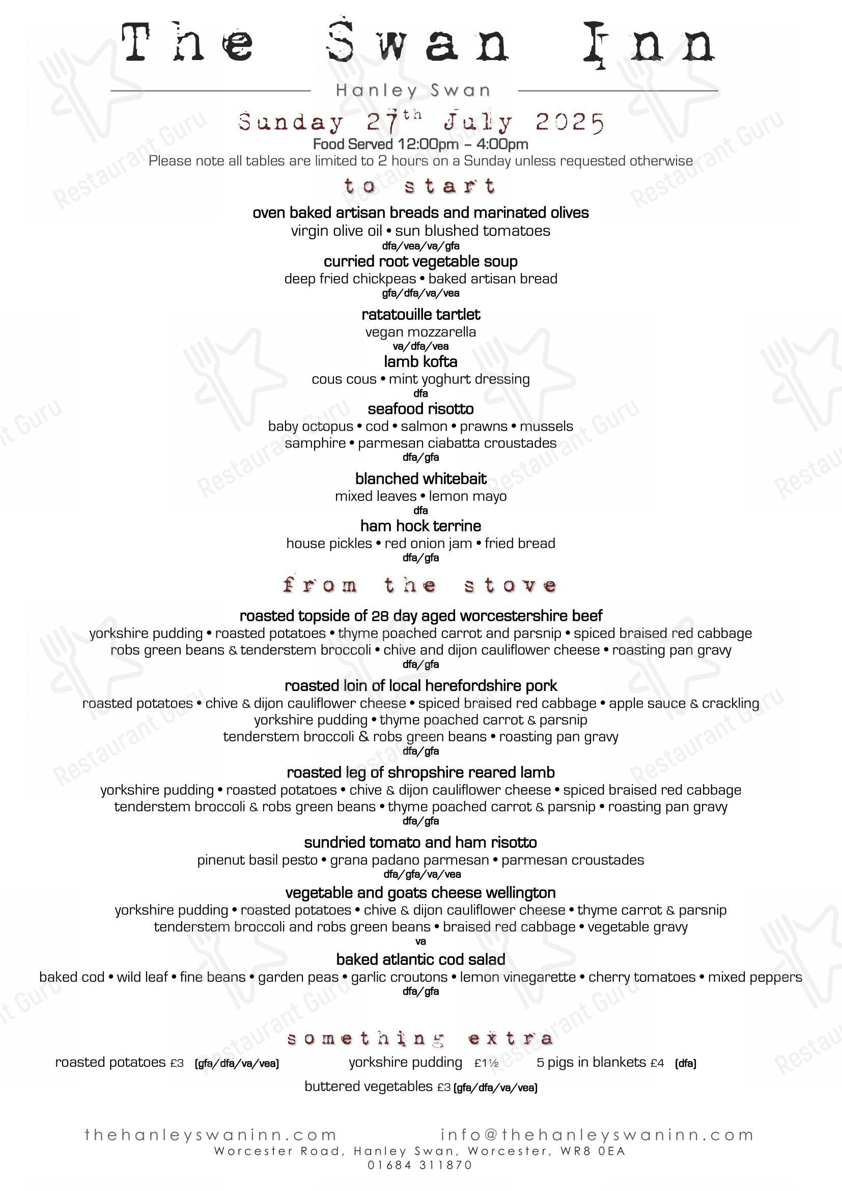 Menu at The Swan Inn pub & bar, Hanley Swan, Road