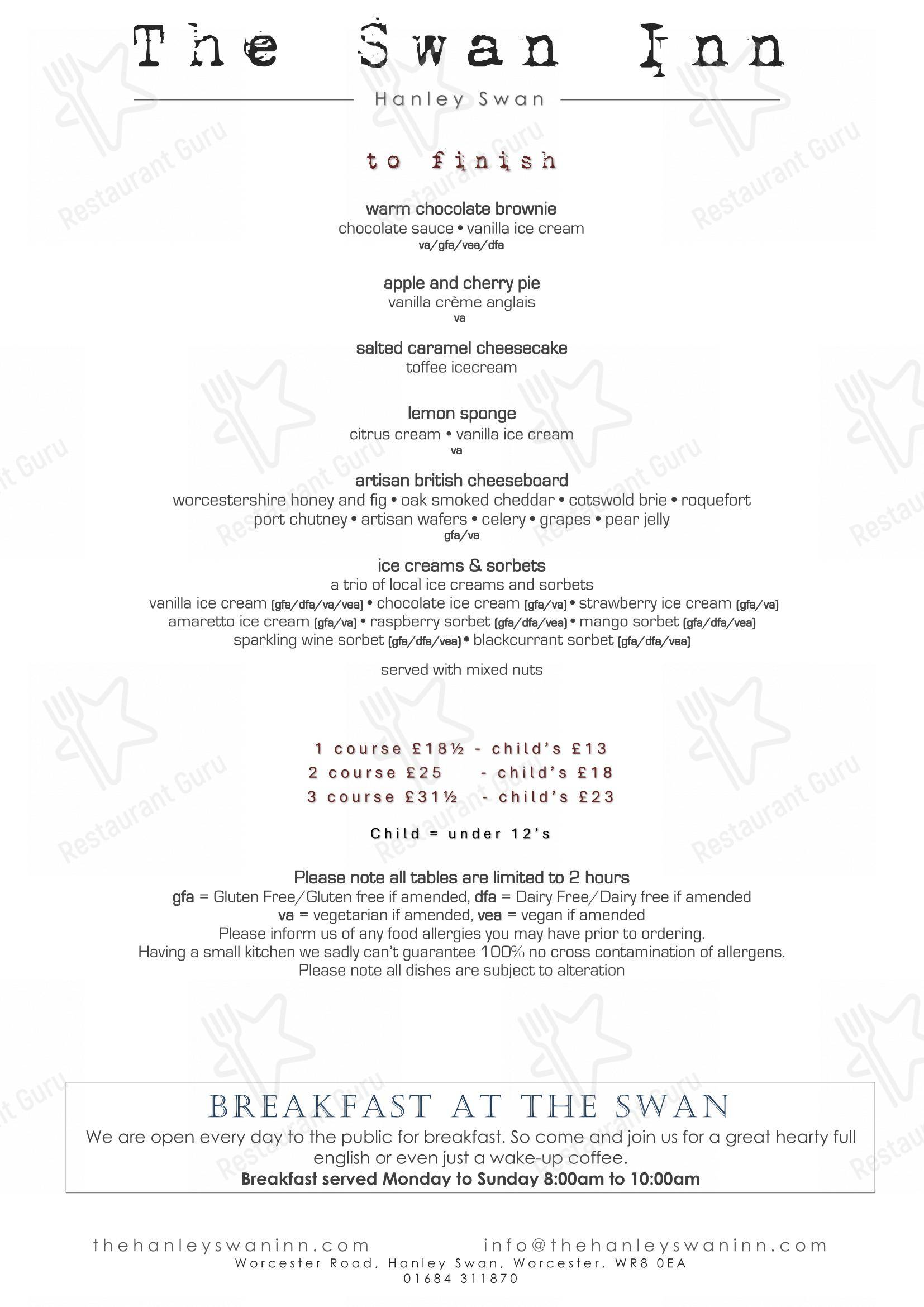 Menu at The Swan Inn pub & bar, Hanley Swan, Road