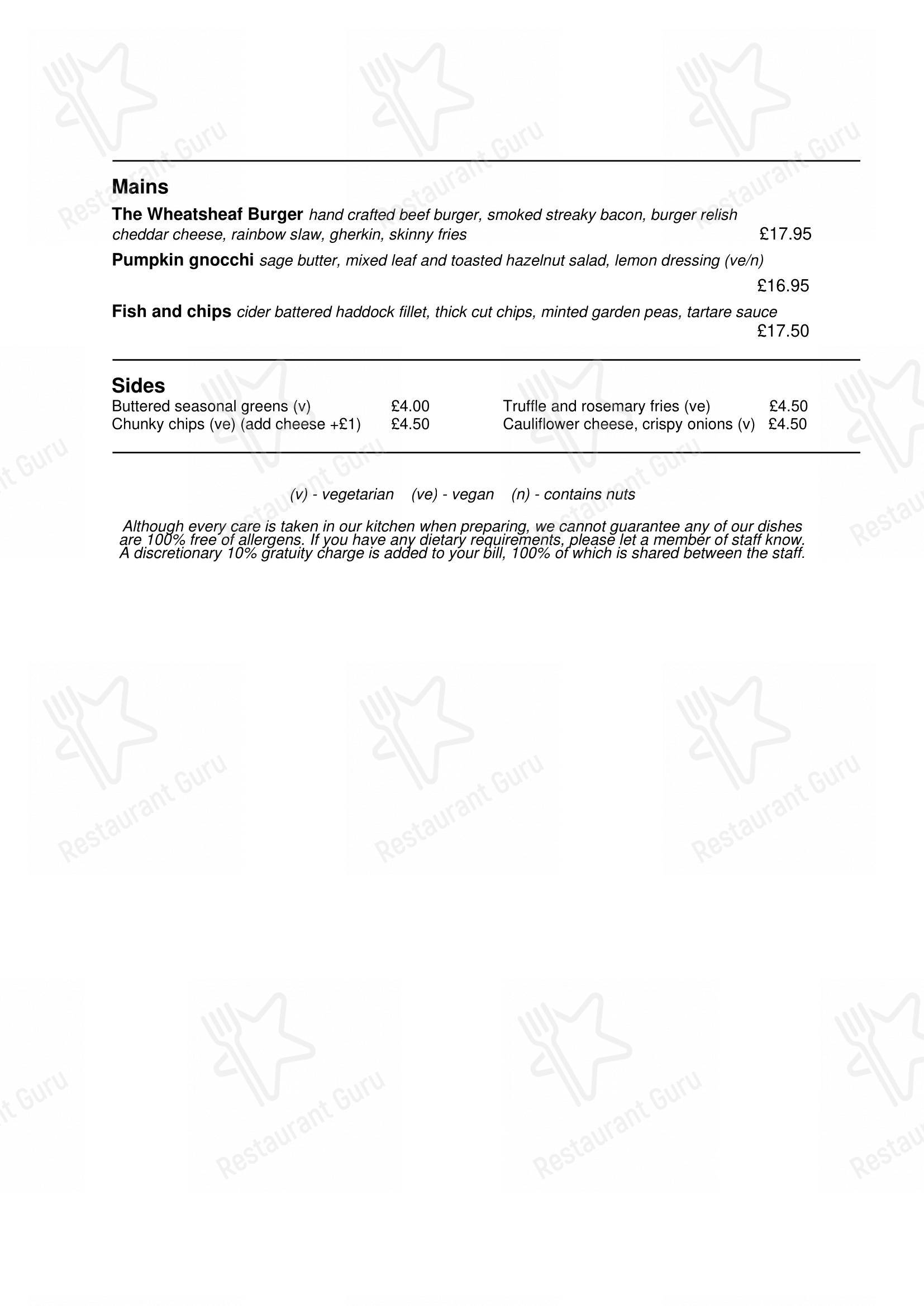 Menu at The Wheatsheaf Inn at Oaksey pub & bar, Oaksey
