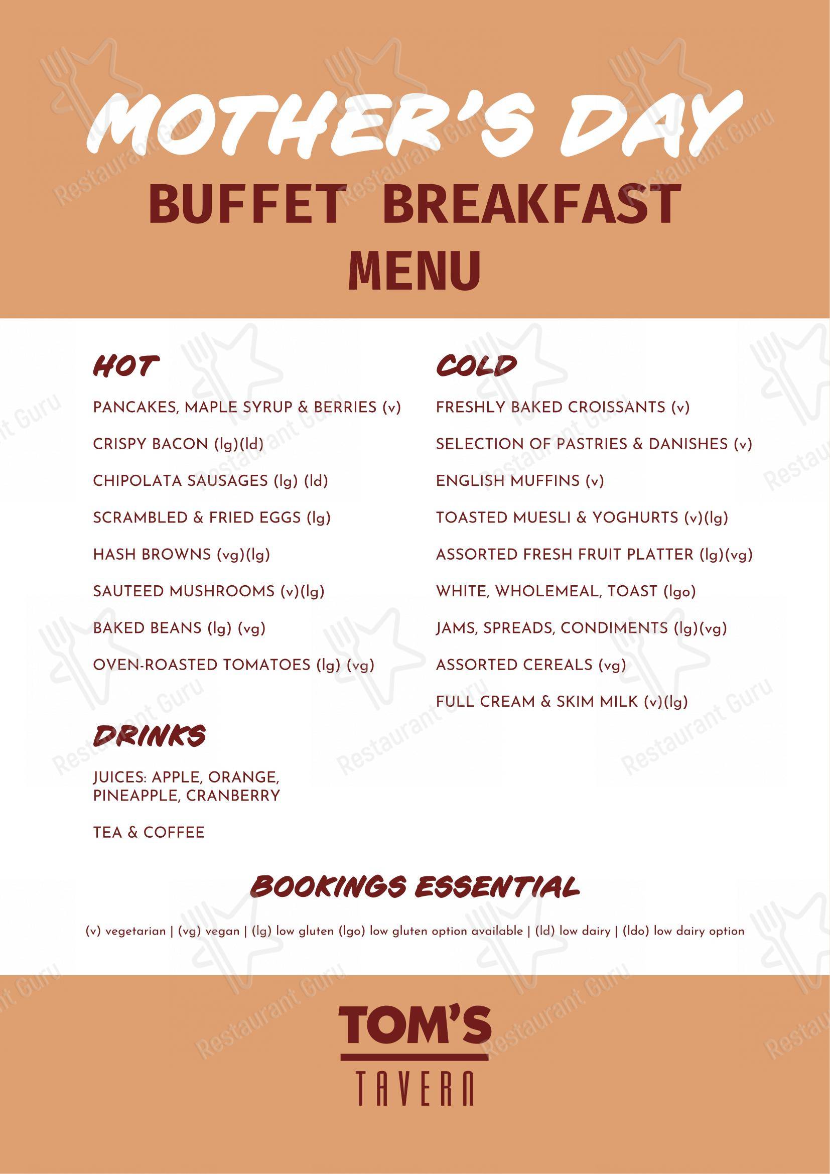 Menu at Tom's Tavern pub & bar, Aitkenvale