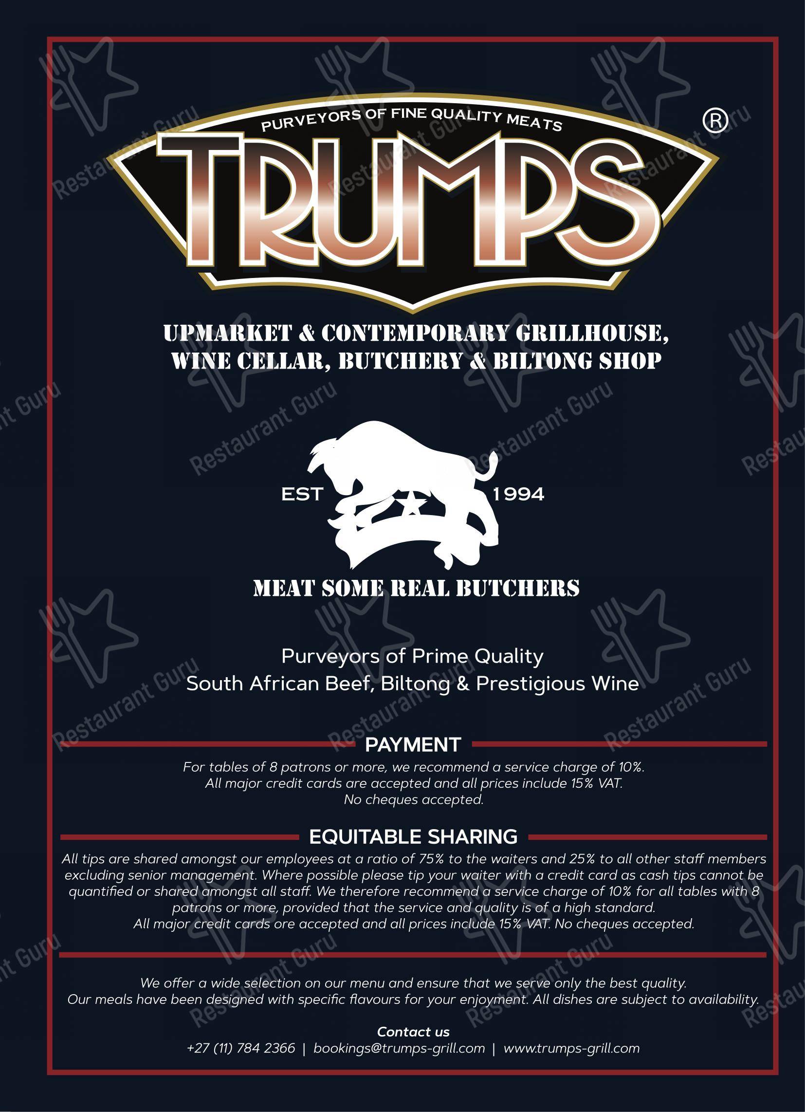 Menu at Trumps Grillhouse and Butchery pub & bar, Sandton