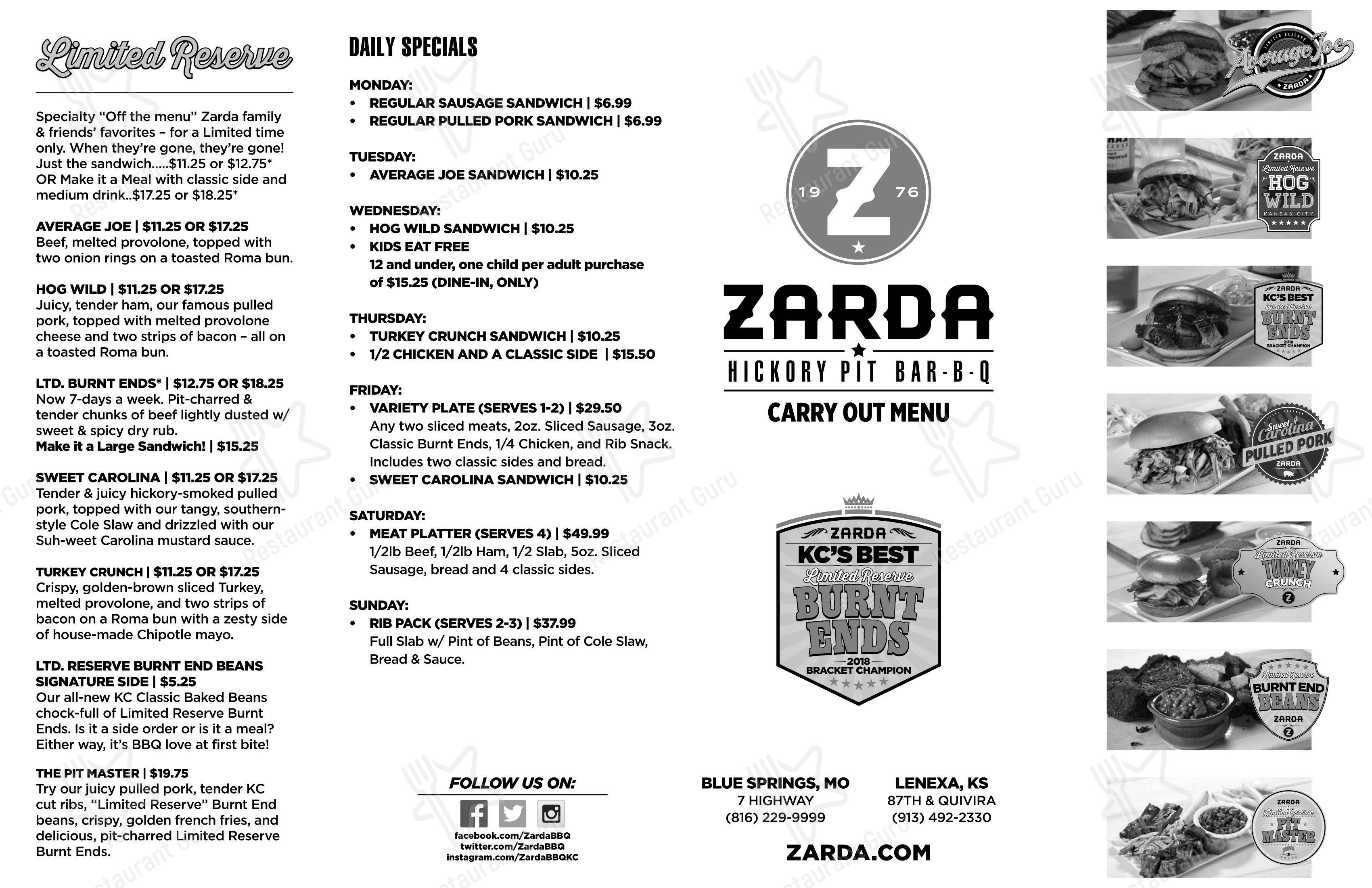 Menu at Zarda Bar-B-Q, Lenexa, W 87th St Pkwy