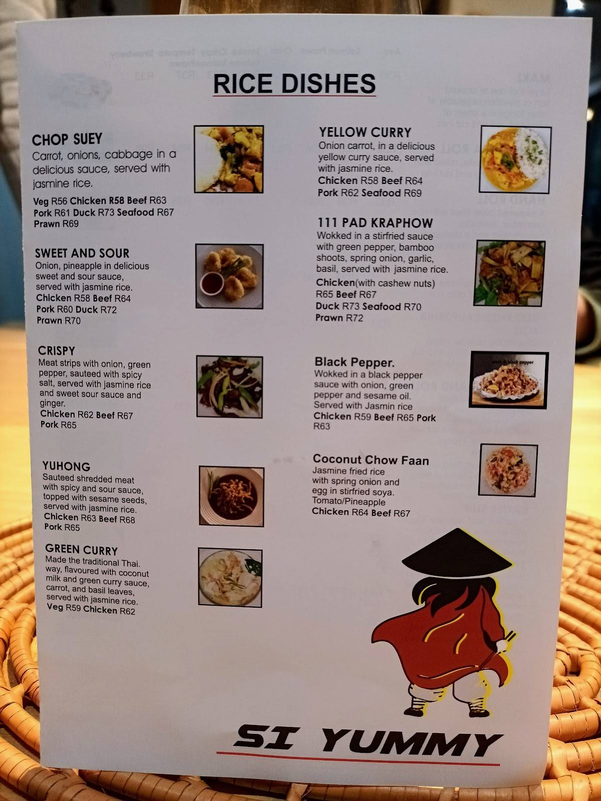 Menu at si yummy restaurant, Boksburg