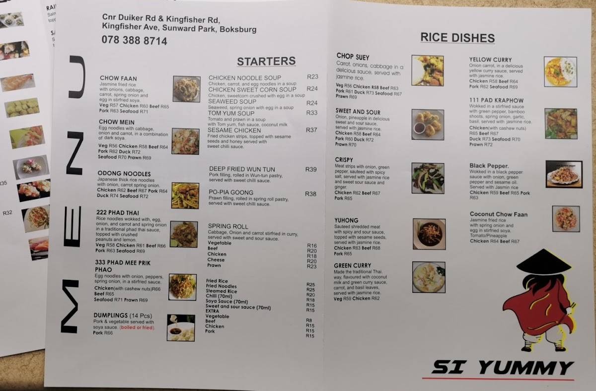 Menu at si yummy restaurant, Boksburg