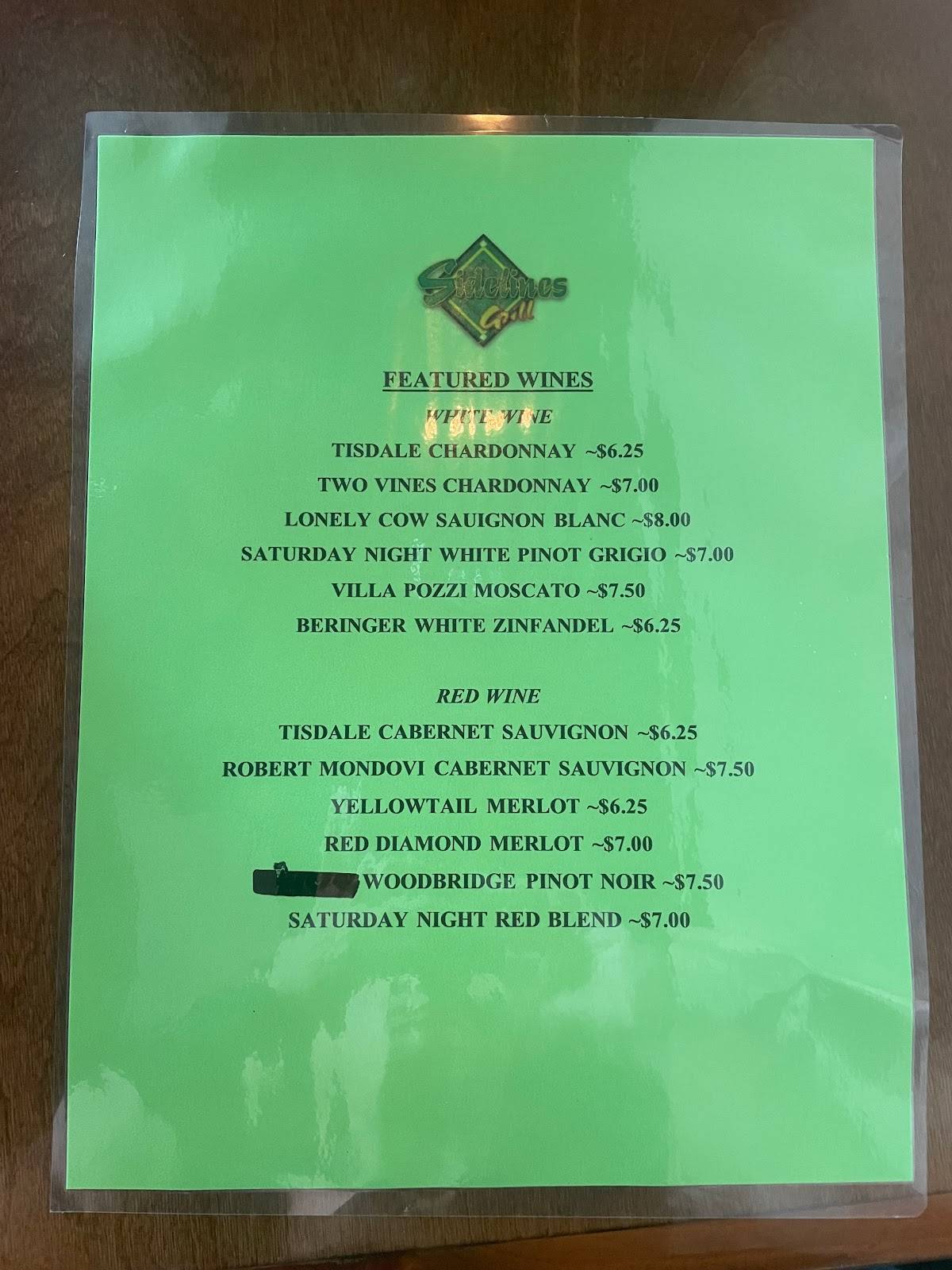 Menu at sidelines grill pub & bar, Pleasant View