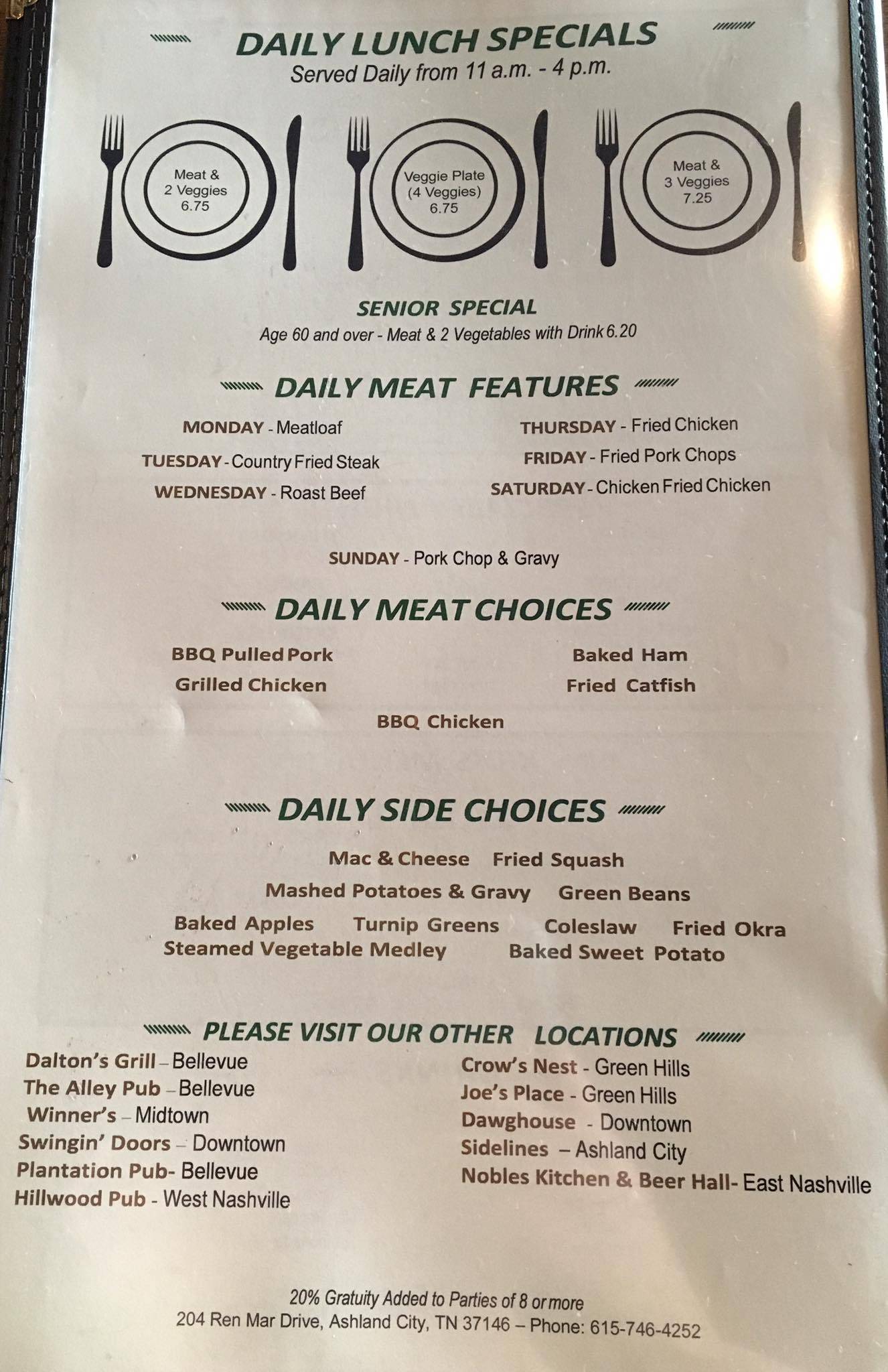 Menu at sidelines grill pub & bar, Pleasant View