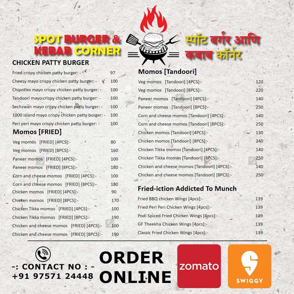 Menu at spot burger and kabab corner, Navi Mumbai