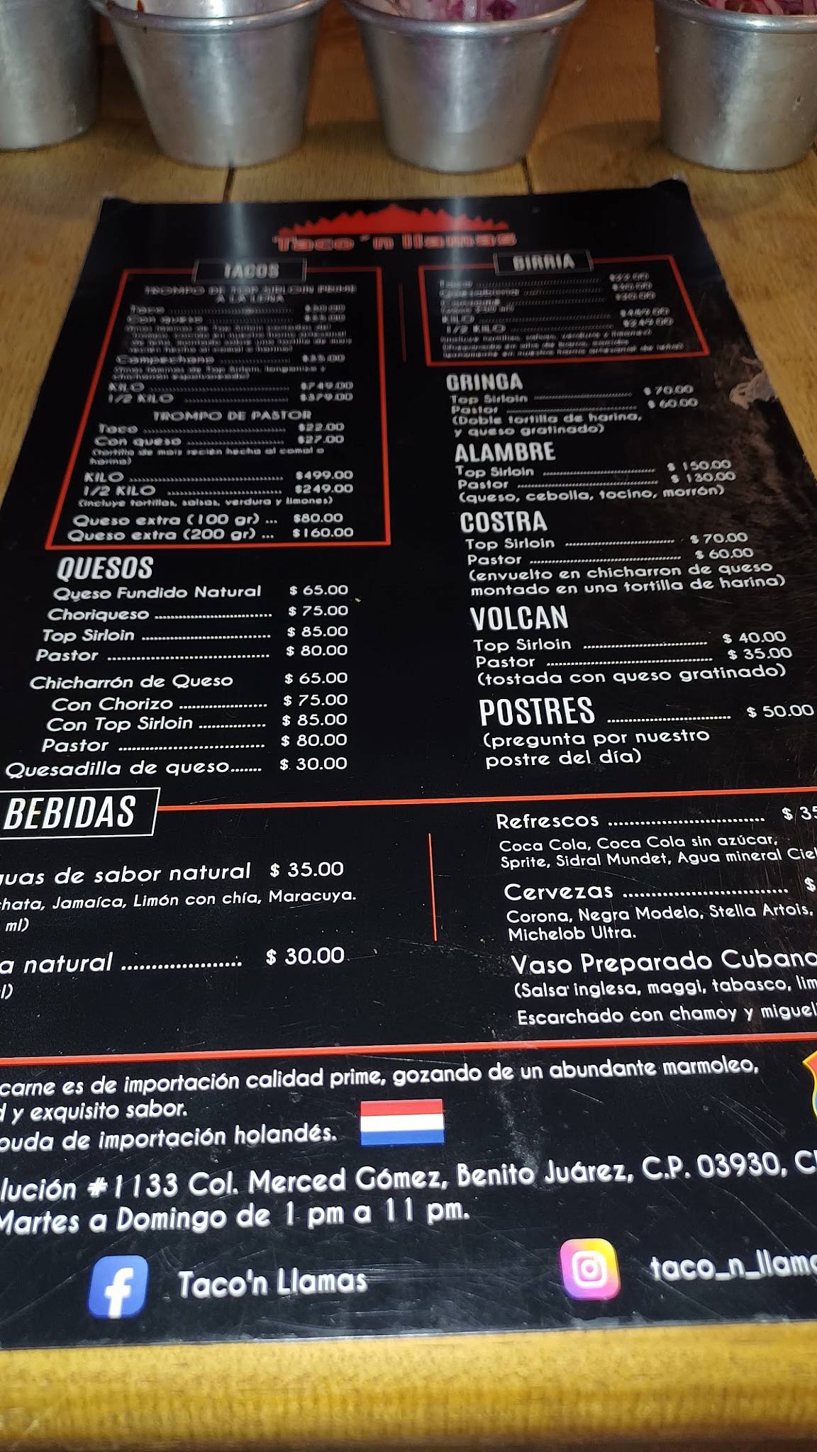 Carta del restaurante taco 'n llamas, Ciudad del México