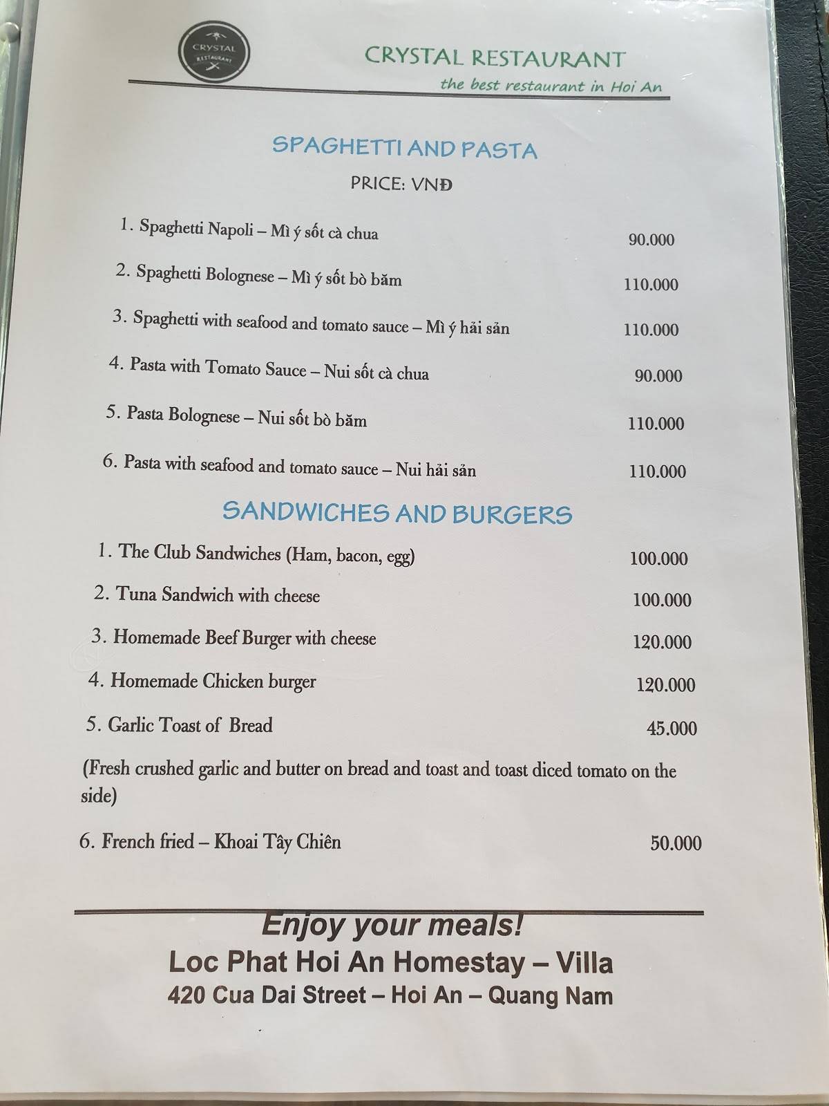 Menu at Crystal Restaurant, Hoi An