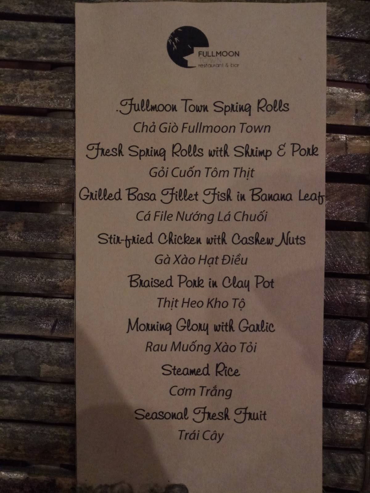 Menu at Moon River Restaurant, Hoi An, Rừng dừa bảy mẫu