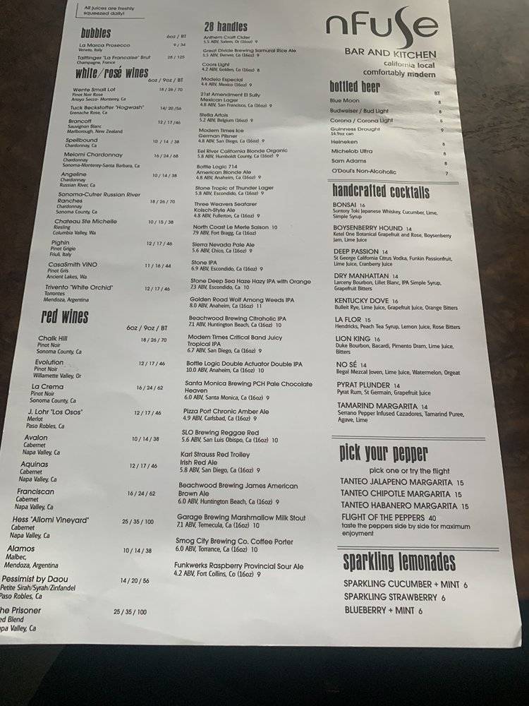Menu at nFuse Restaurant, Bar & Lounge, Anaheim