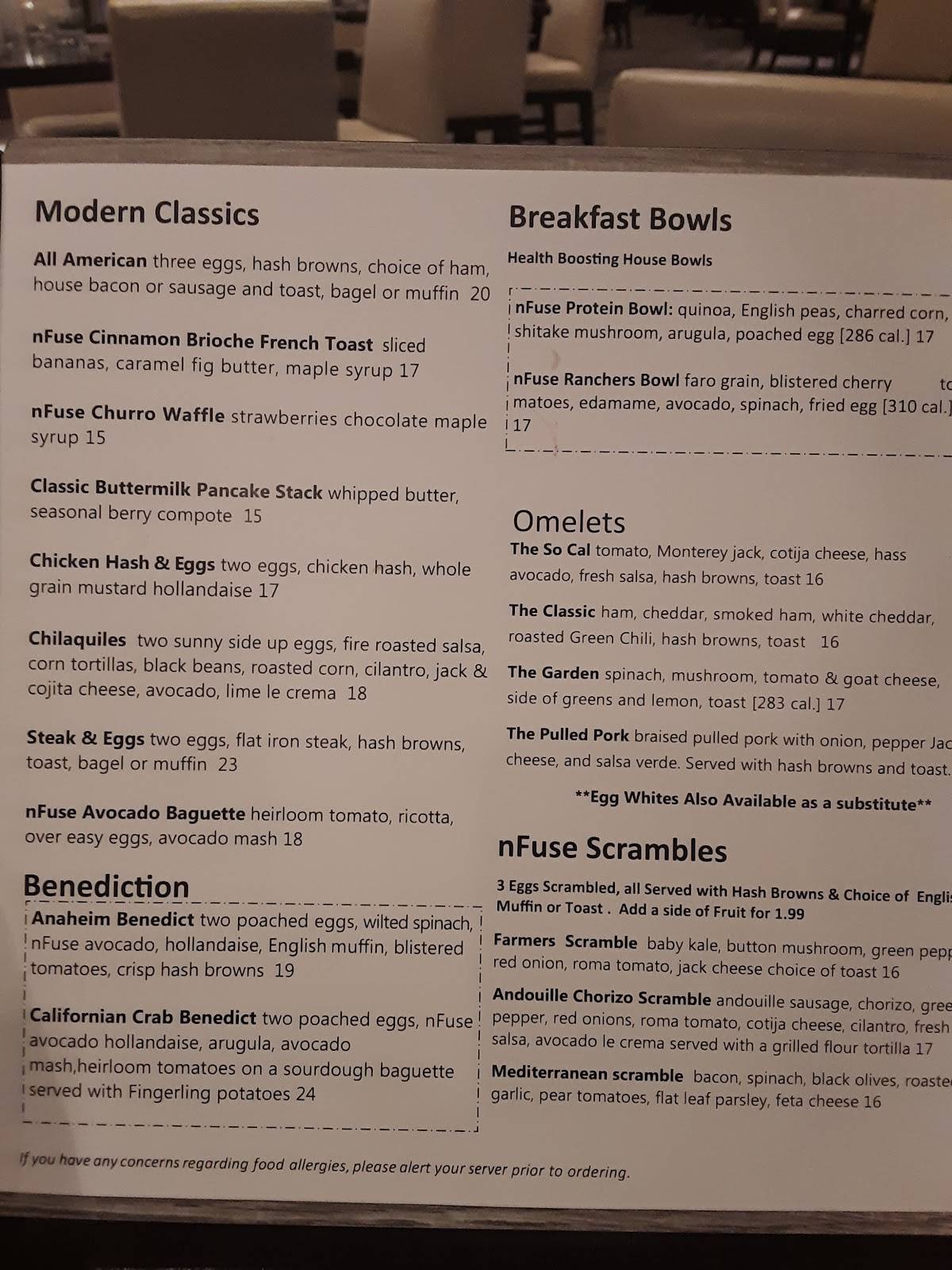 Menu at nFuse Restaurant, Bar & Lounge, Anaheim