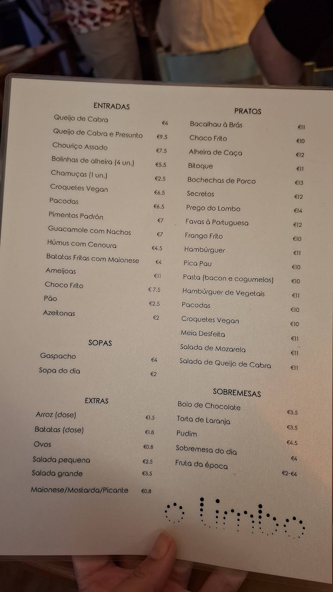 Menu em o Limbo café, Lisboa