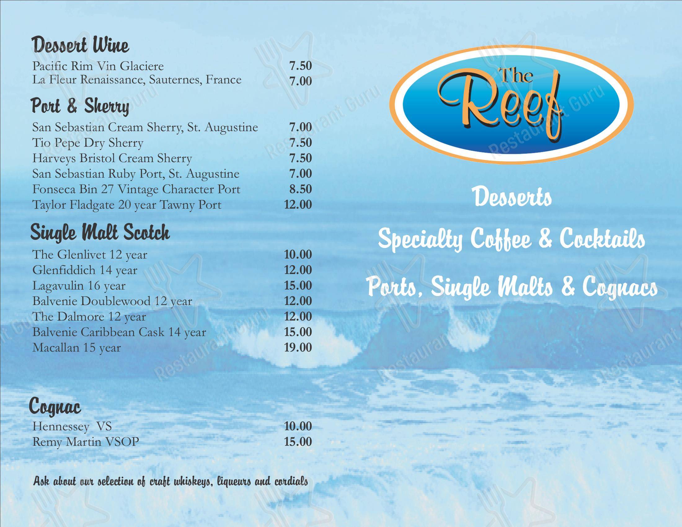 Menu at The Reef restaurant, St. Augustine
