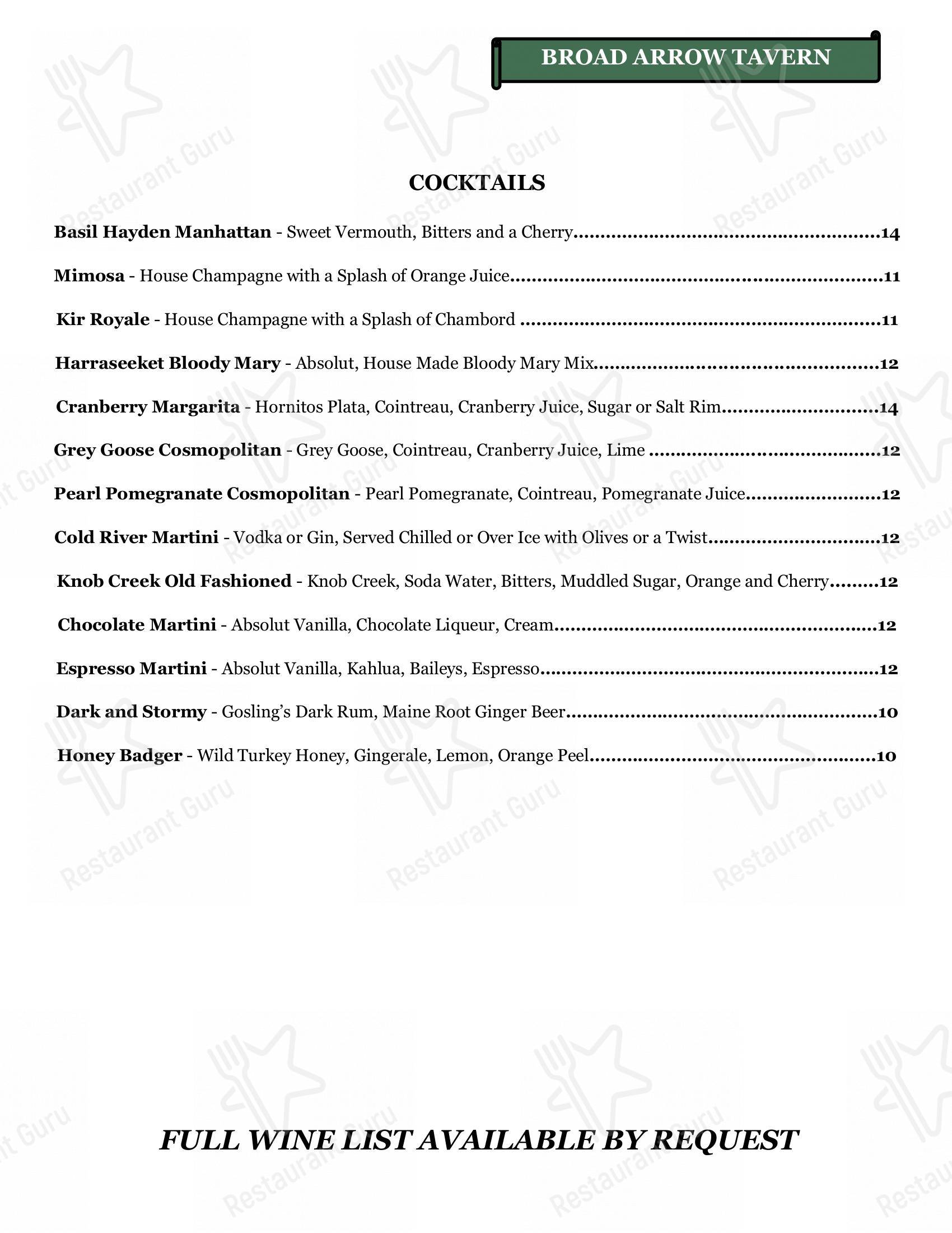 Menu at Broad Arrow Tavern pub & bar, Freeport