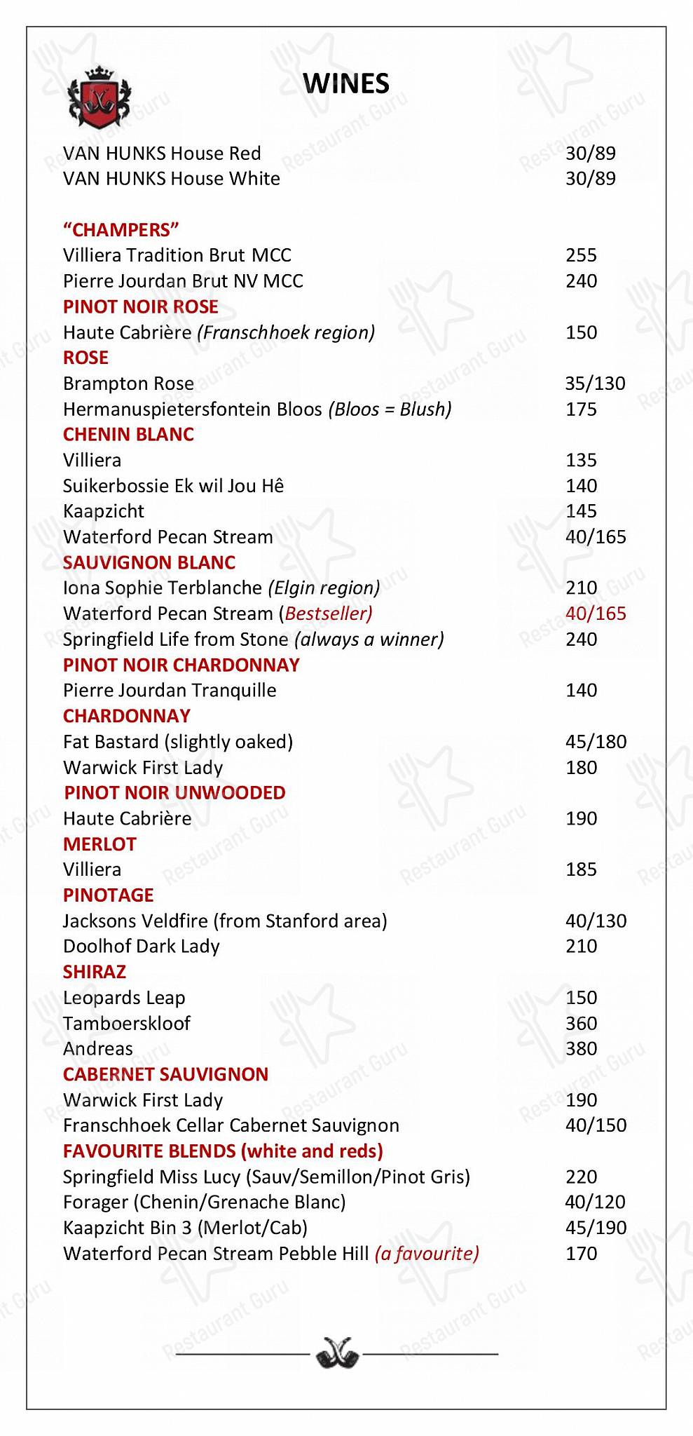 Menu at Van Hunks pub & bar, Cape Town