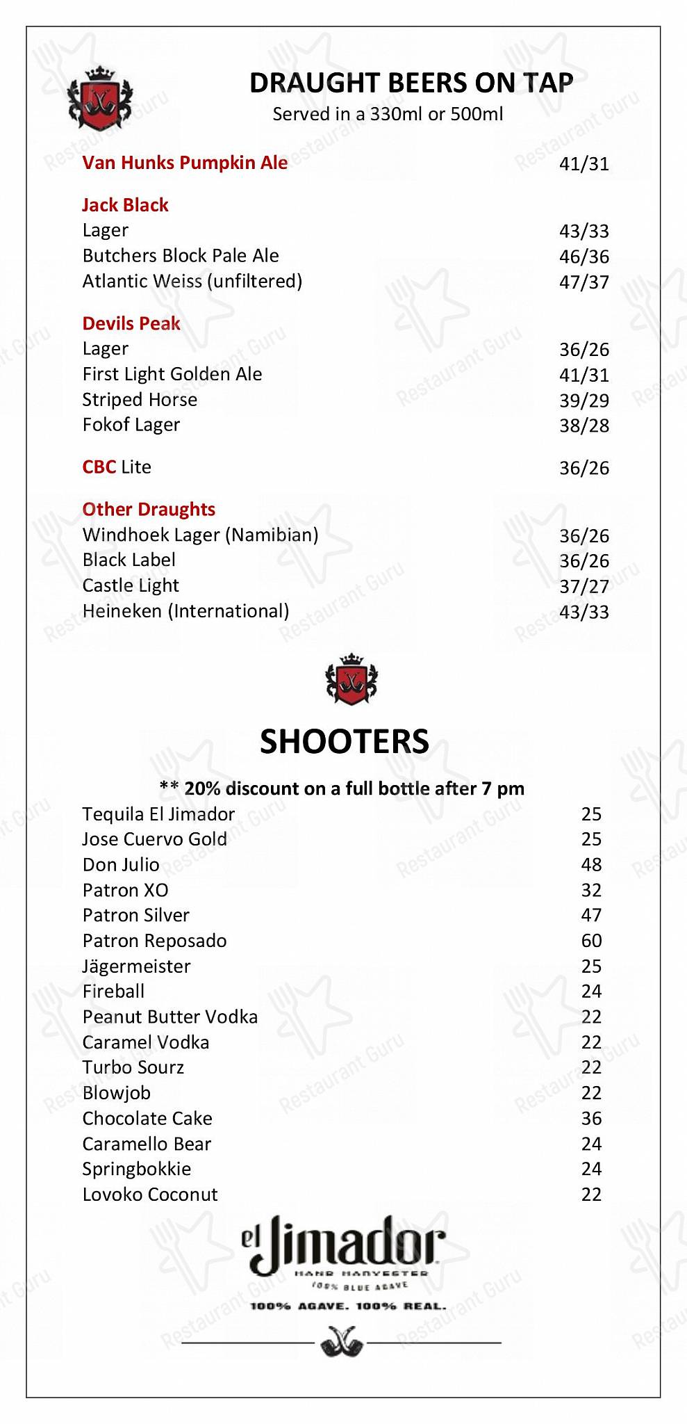 Menu at Van Hunks pub & bar, Cape Town