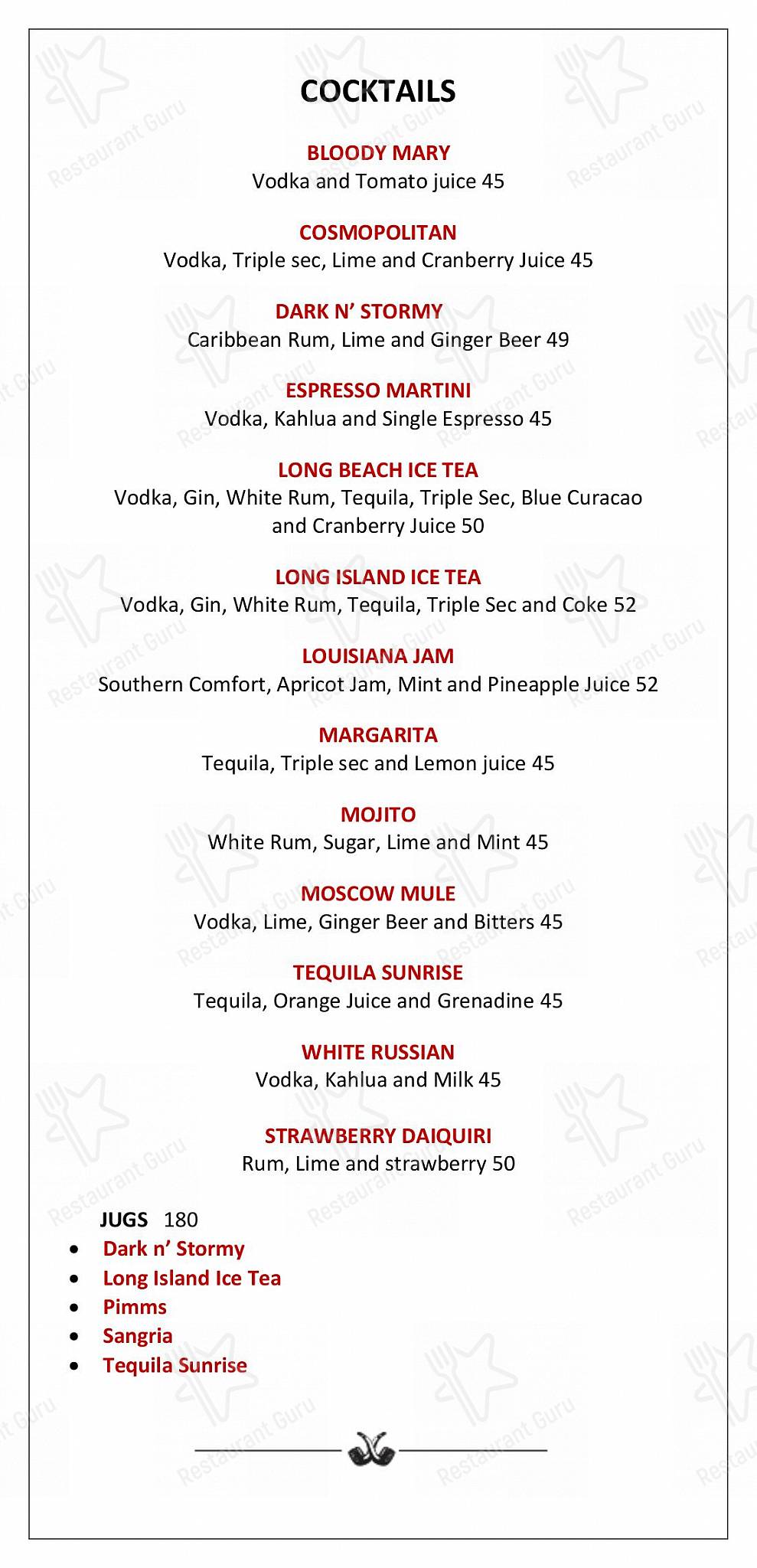 Menu at Van Hunks pub & bar, Cape Town