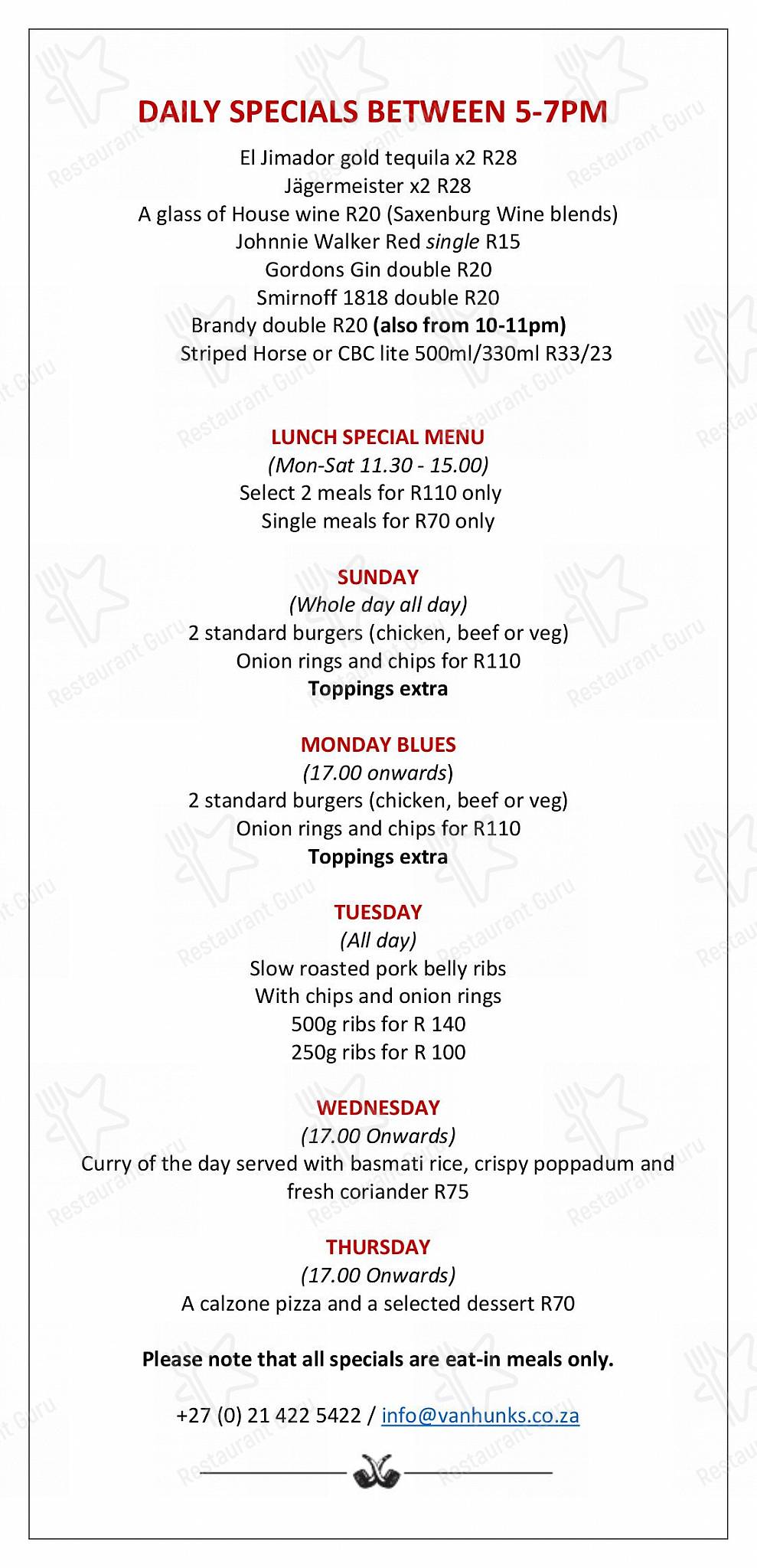 Menu at Van Hunks pub & bar, Cape Town