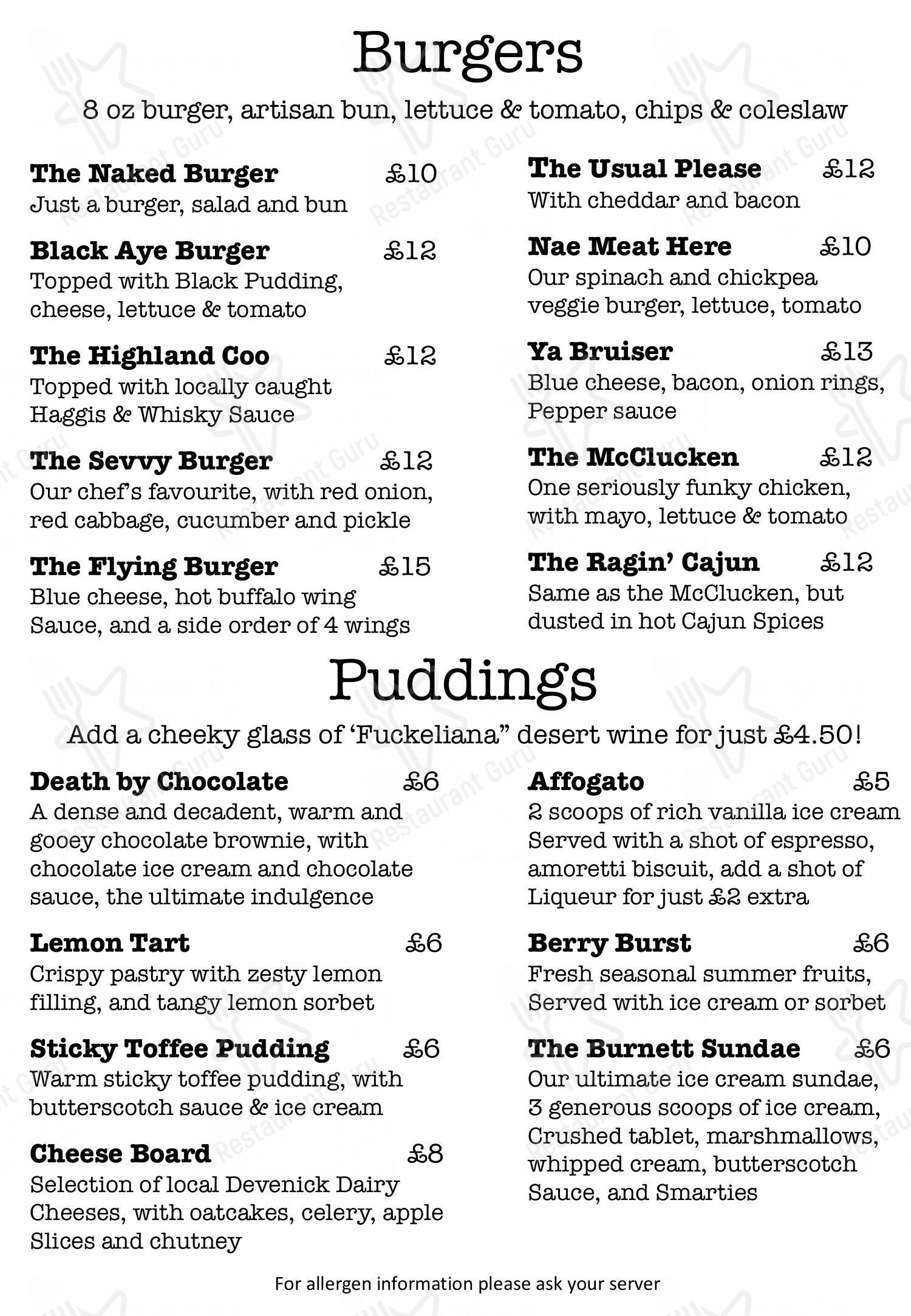 Menu at The Burnett Arms Hotel restaurant, Banchory