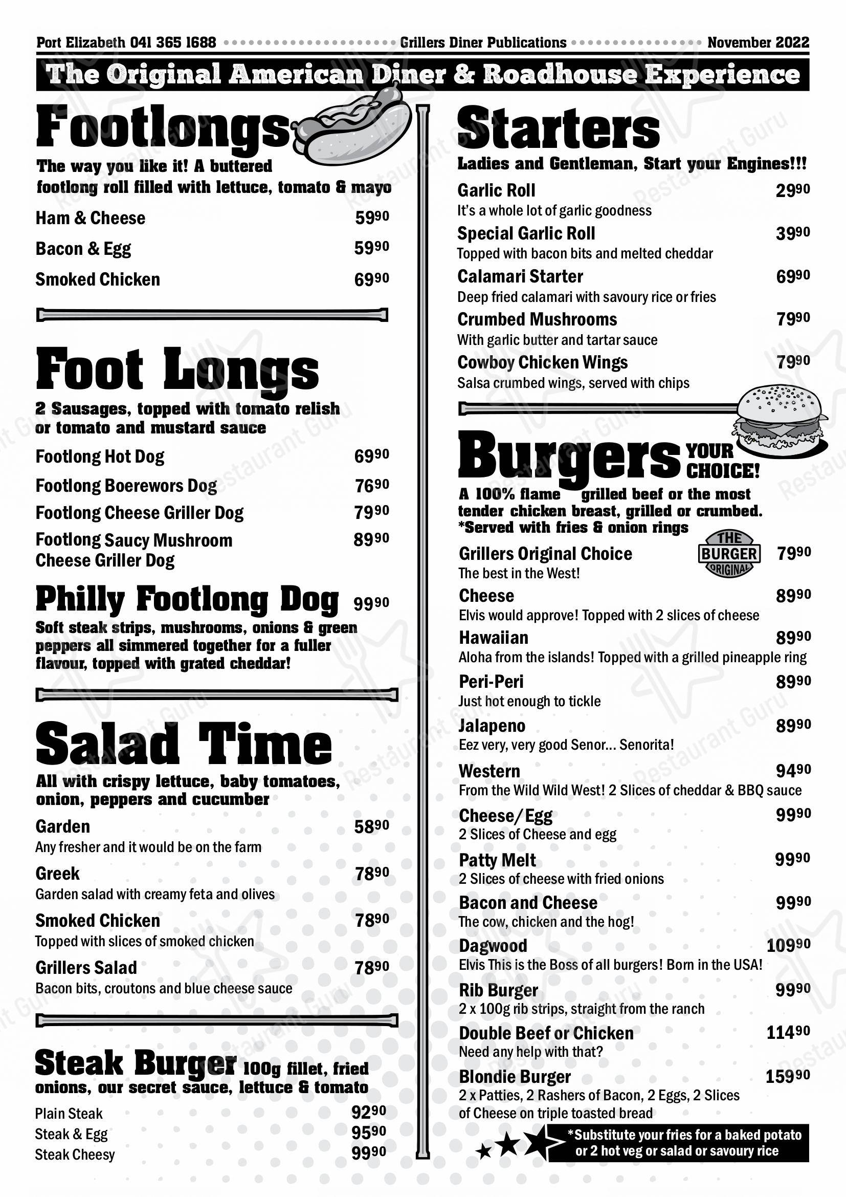 Menu at Grillers restaurant, Port Elizabeth