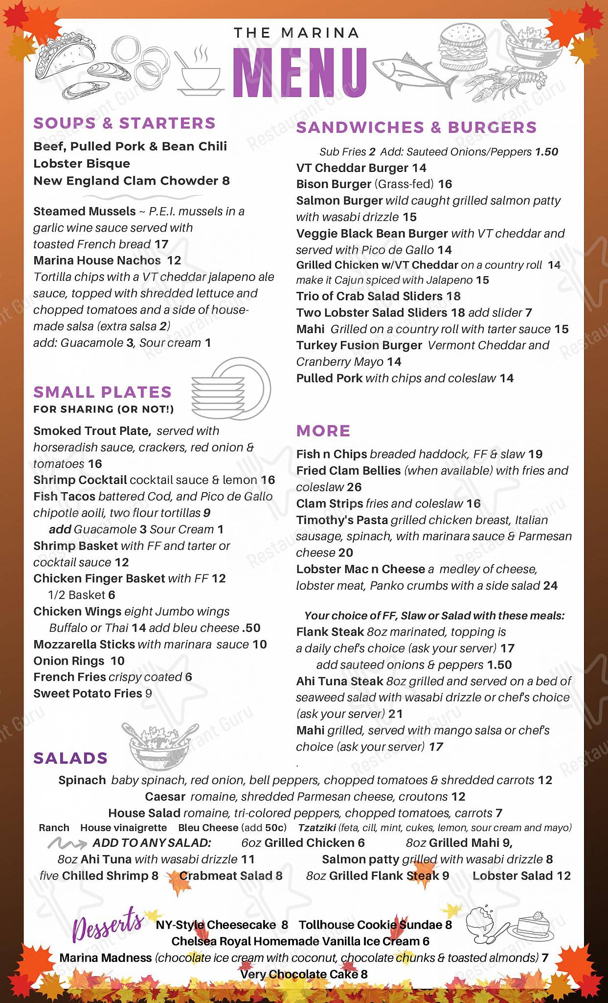 Menu at The Marina restaurant, Brattleboro