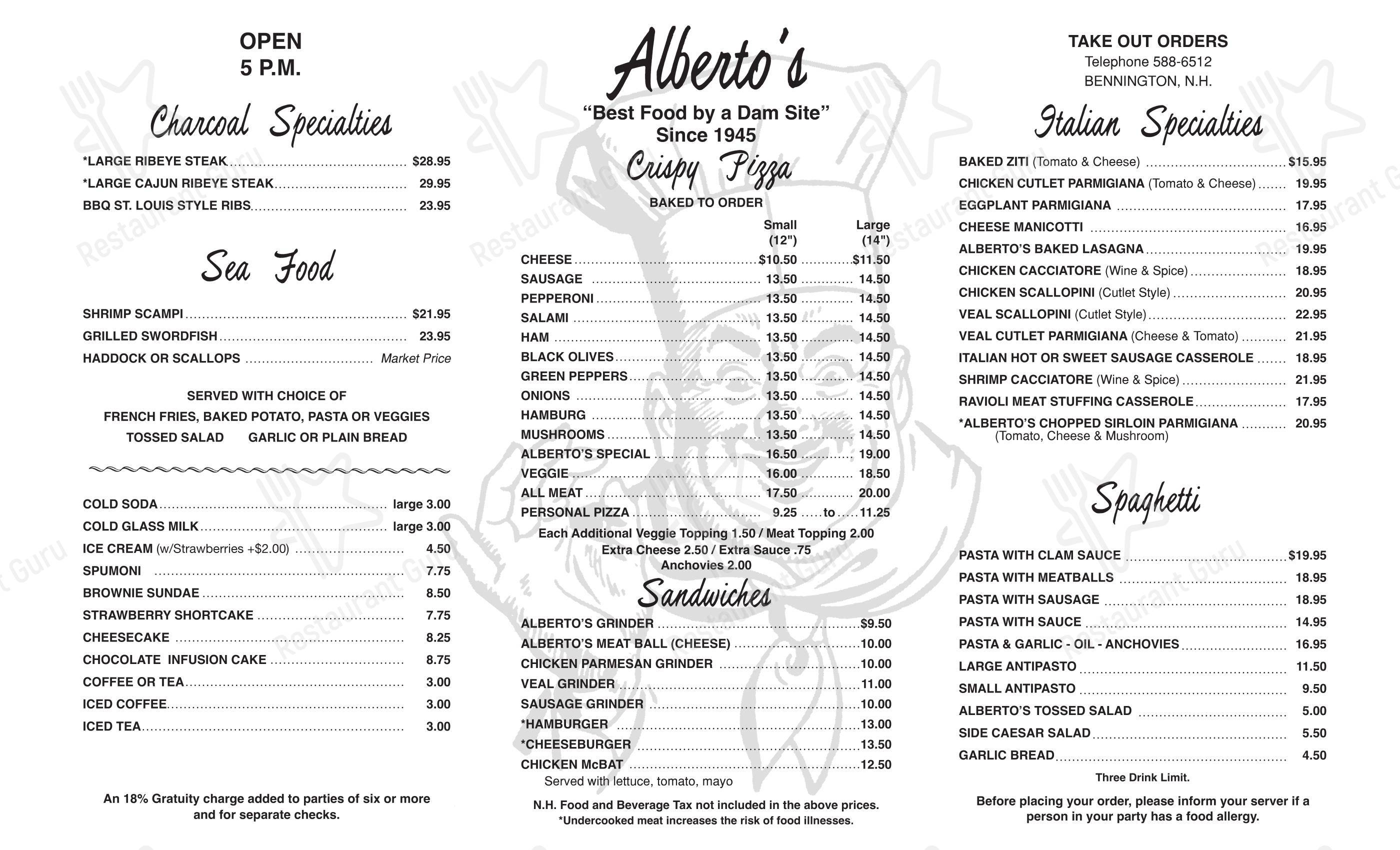 Menu at Alberto's Italian Restaurant, Bennington