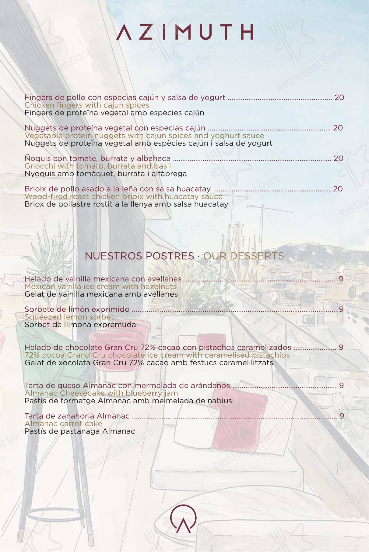 Menu at Azimuth Rooftop Bar, Barcelona