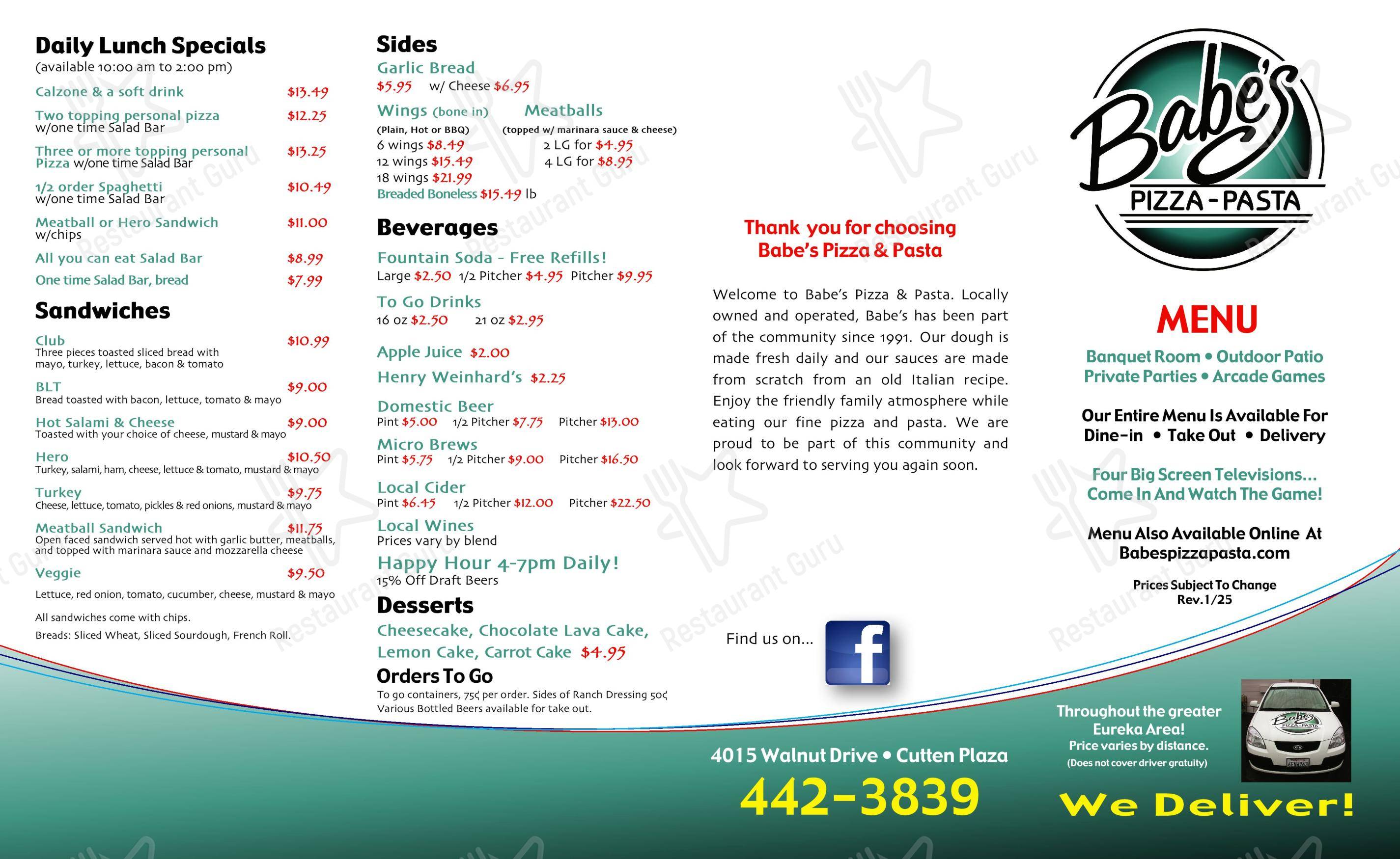Menu at Babe's Pizza & Pasta pizzeria, Eureka