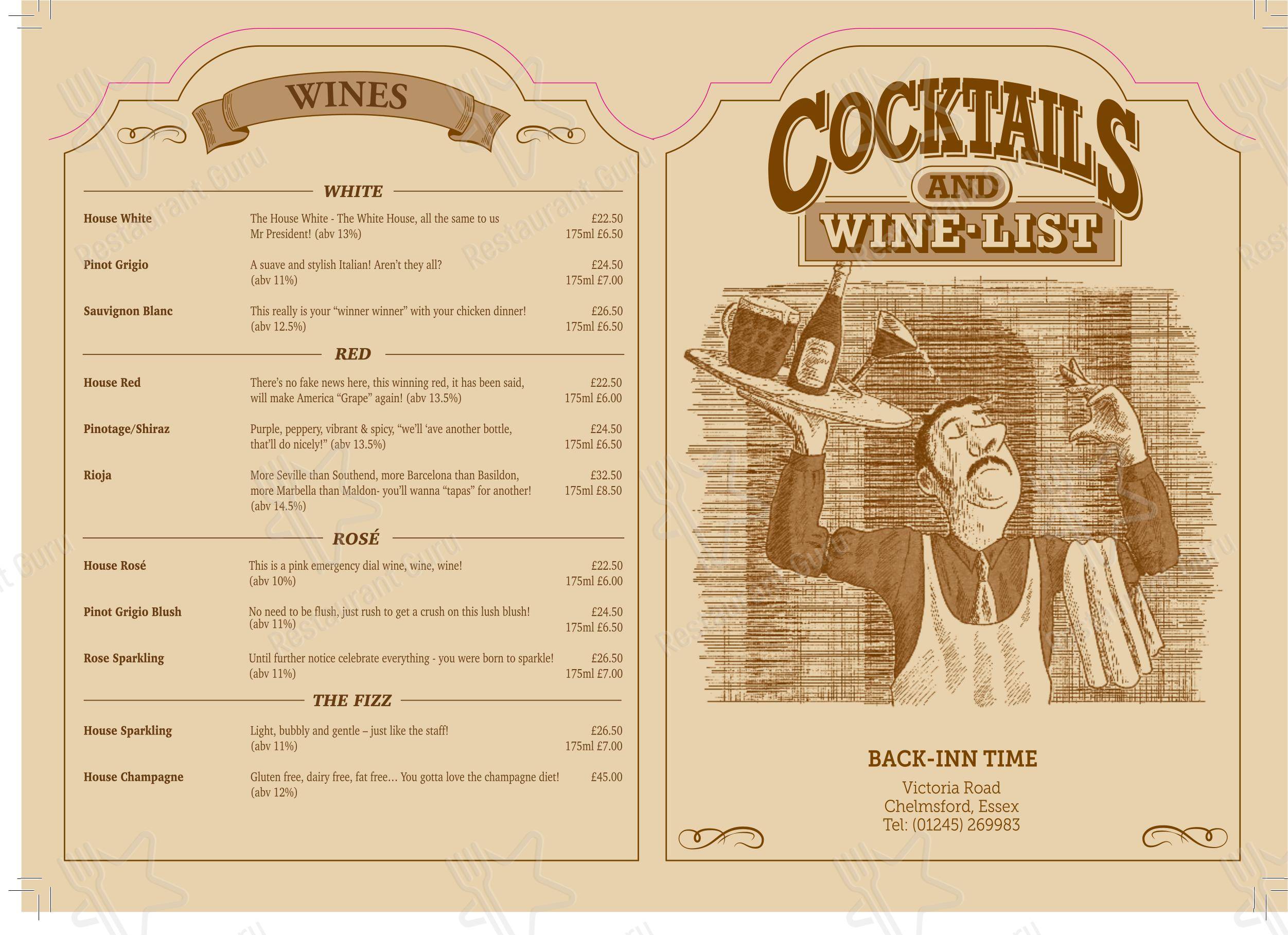 Menu at Back-Inn Time pub & bar, Chelmsford
