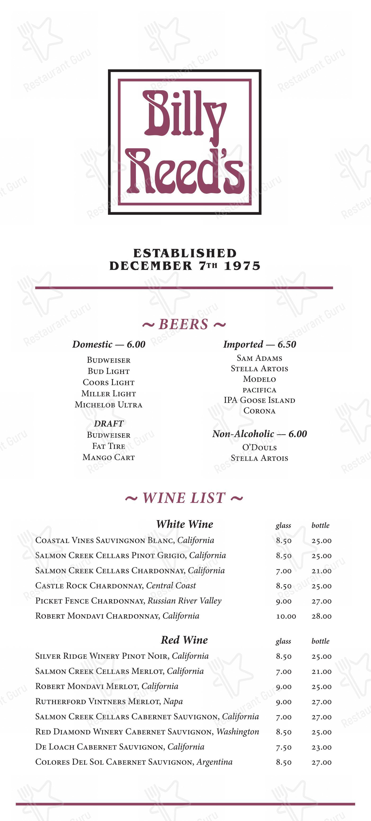 Menu at Billy Reed's Palm Springs restaurant, Palm Springs