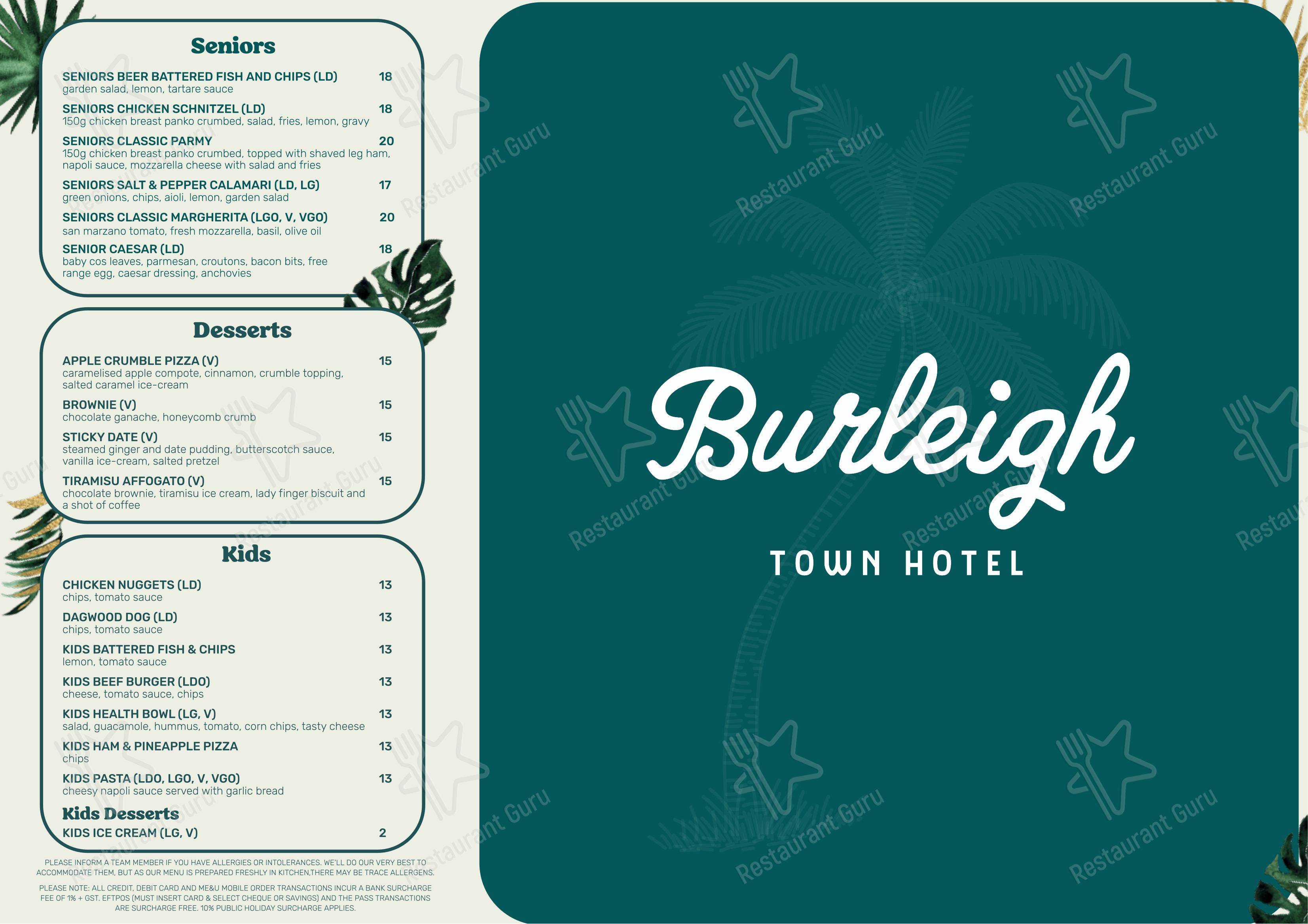 Menu at Burleigh Town Hotel pub & bar, Burleigh Heads, Tsipura Dr