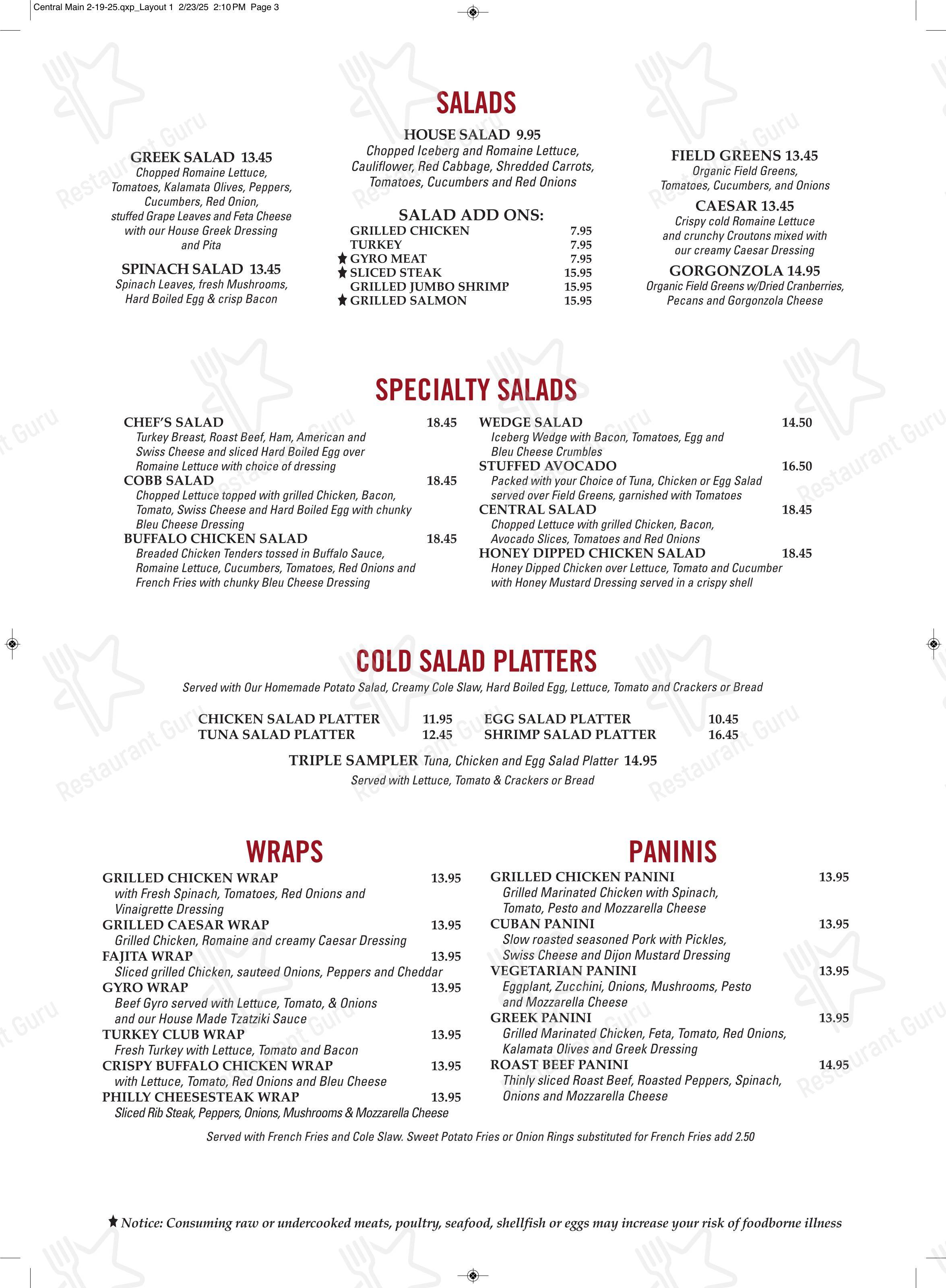 Menu at Central Diner & Grille restaurant, Pittsburgh