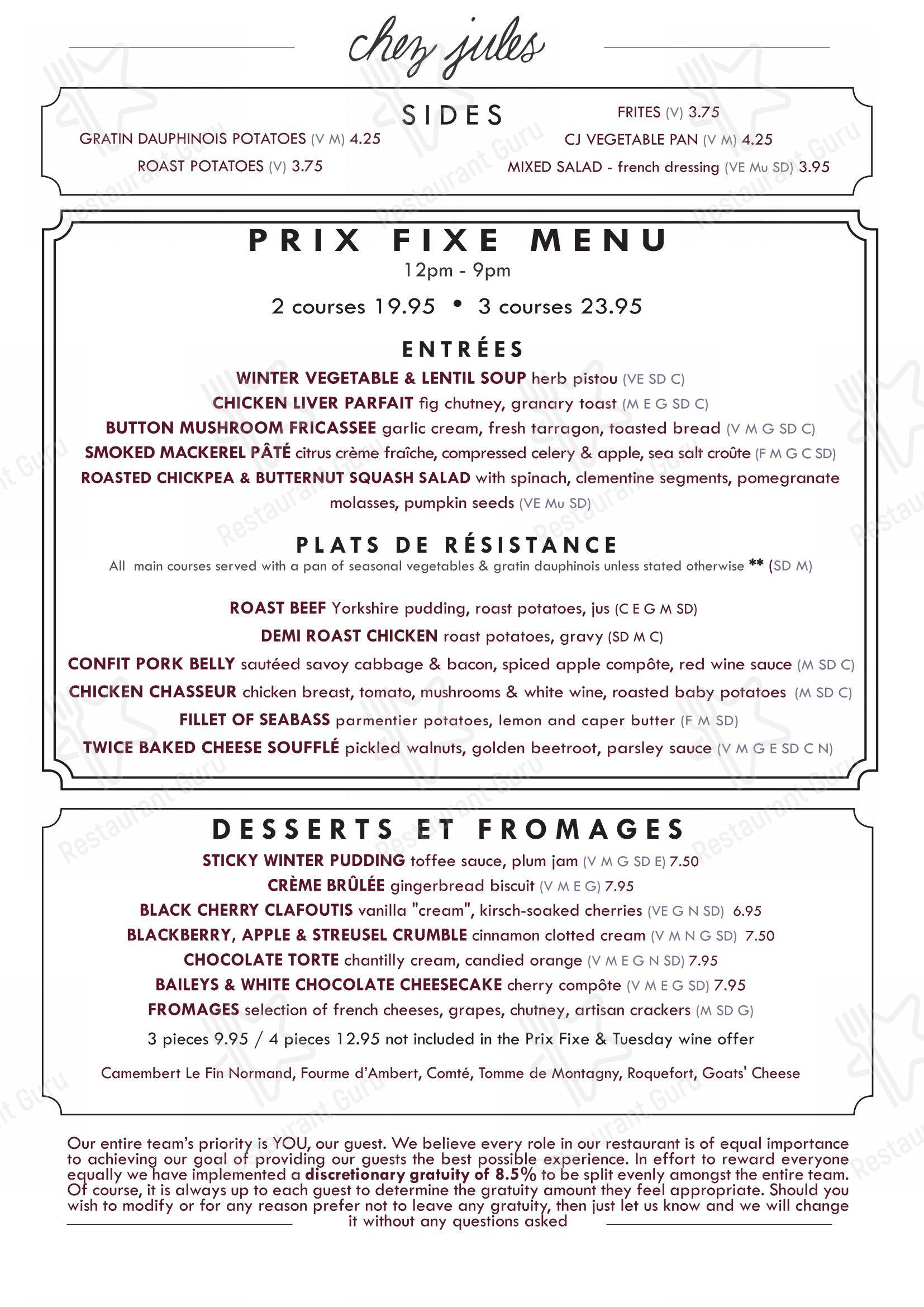 Menu at Chez Jules in Chester restaurant, Chester