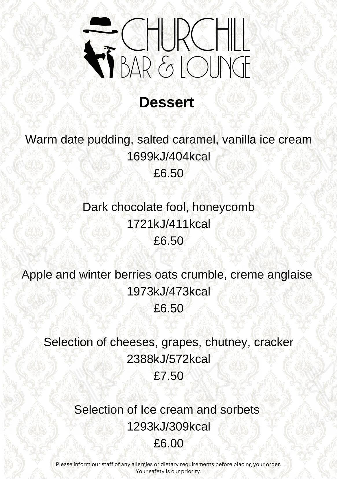 Menu at Churchill Bar and Lounge, Dover