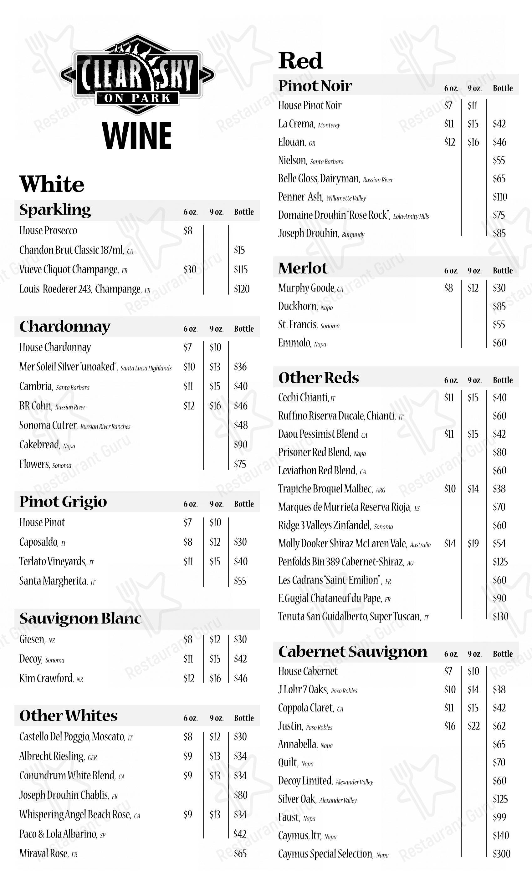 Menu at Clear Sky on Park pub & bar, Seminole