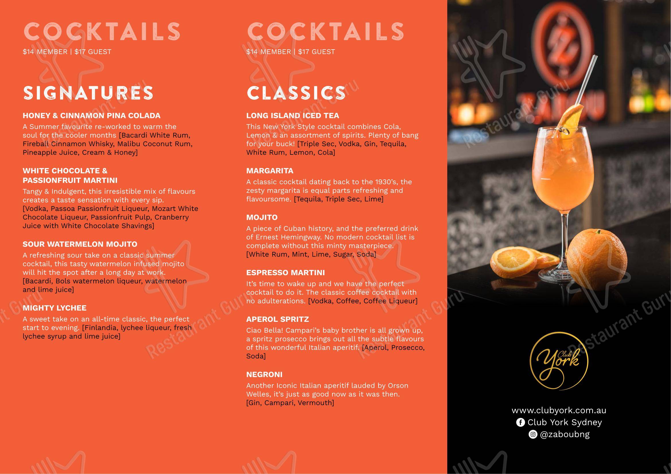 Menu at Club York Sydney, Sydney, 95-99 York St