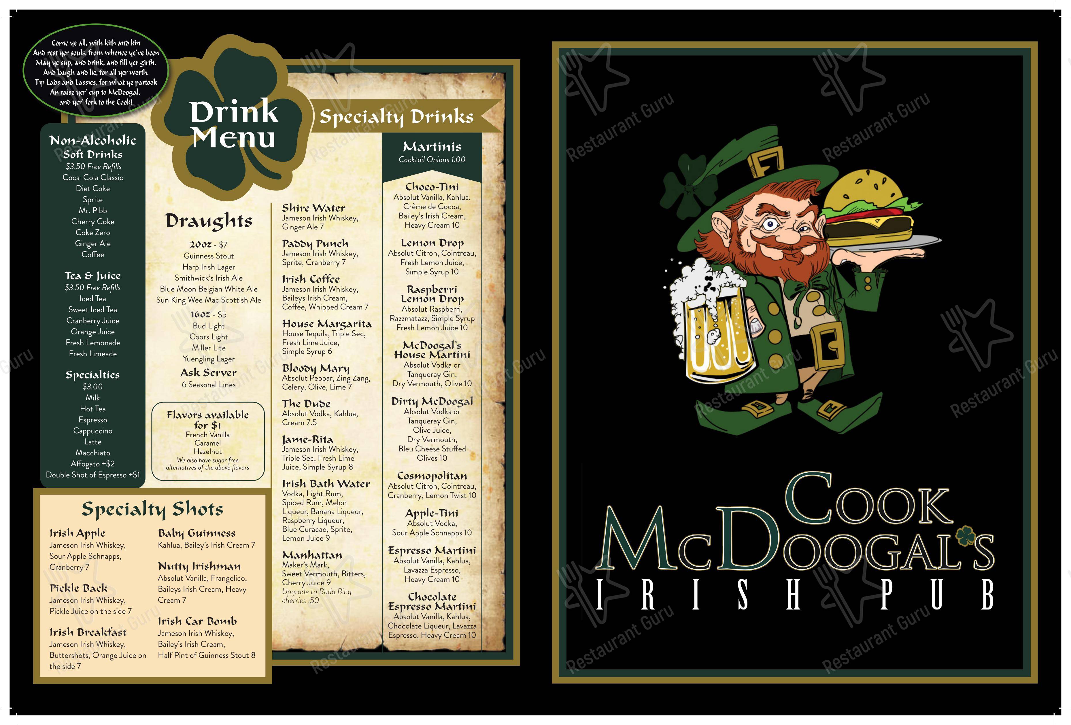 Menu at Cook McDoogal's Irish Pub, Kokomo