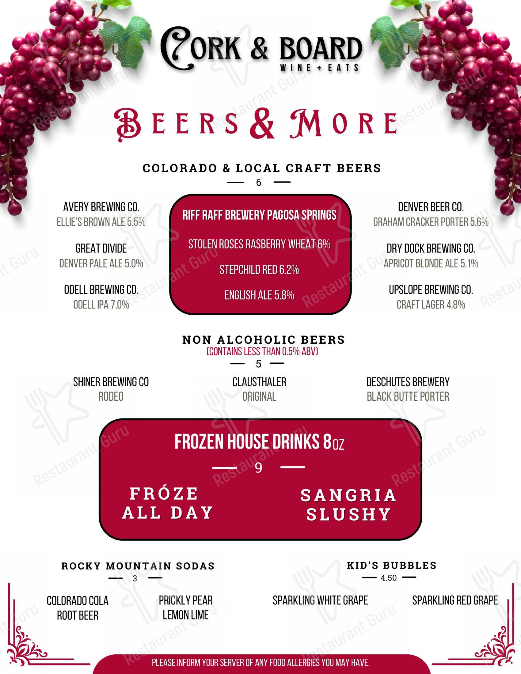 Menu at Cork & Board pub & bar, Pagosa Springs