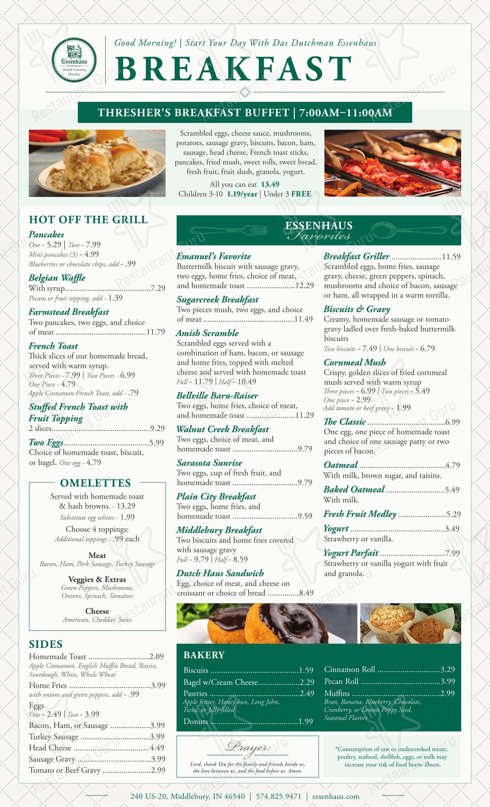Menu at Das Dutchman Essenhaus restaurant, Middlebury, 240 US-20