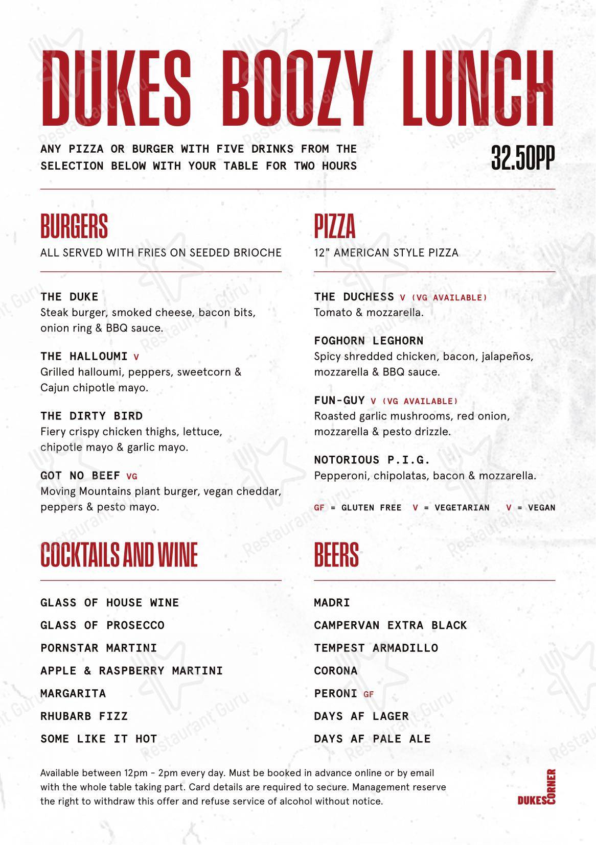 Menu at Duke's Corner restaurant, Dundee