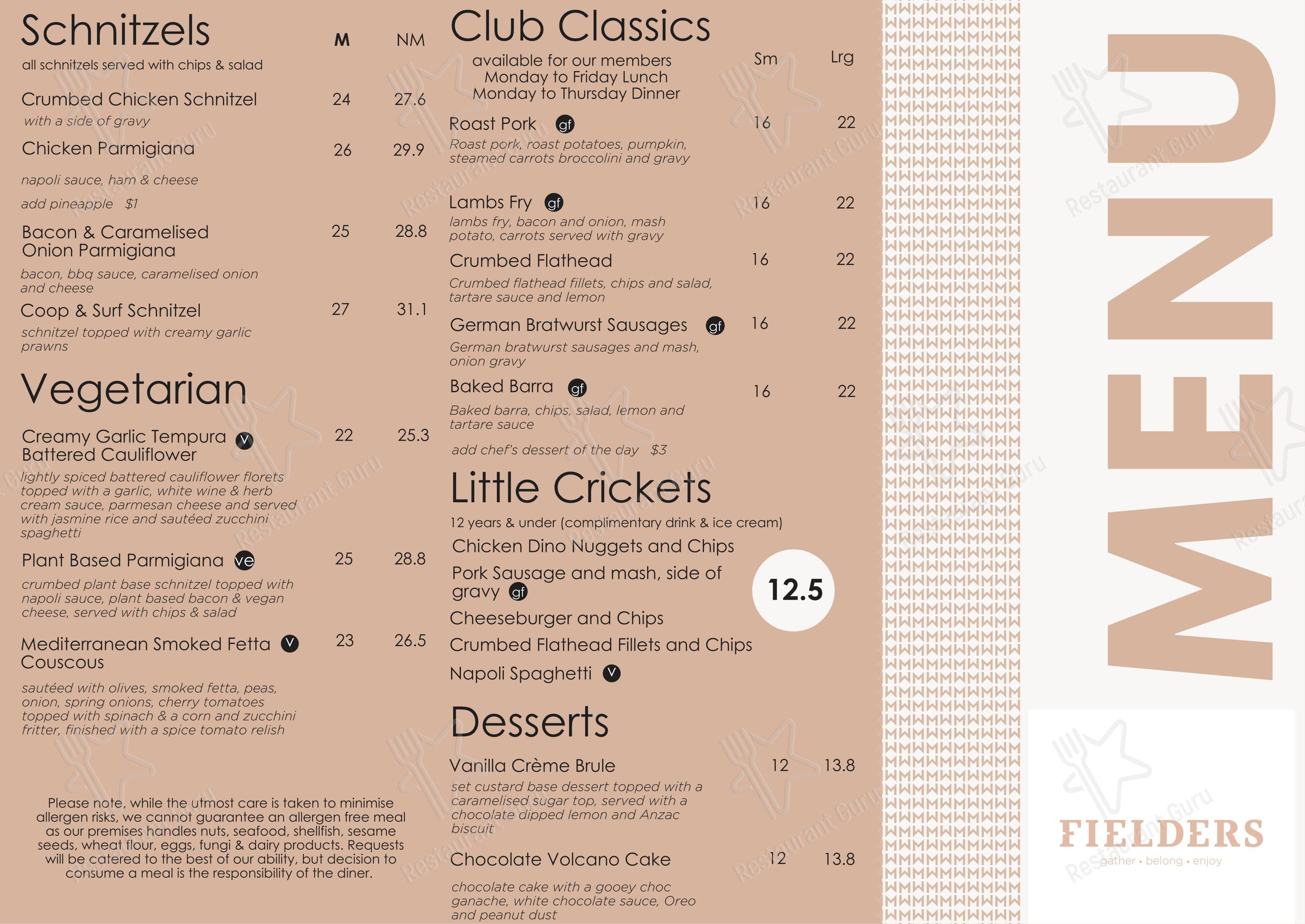 Menu at Fielders Club, Tingalpa