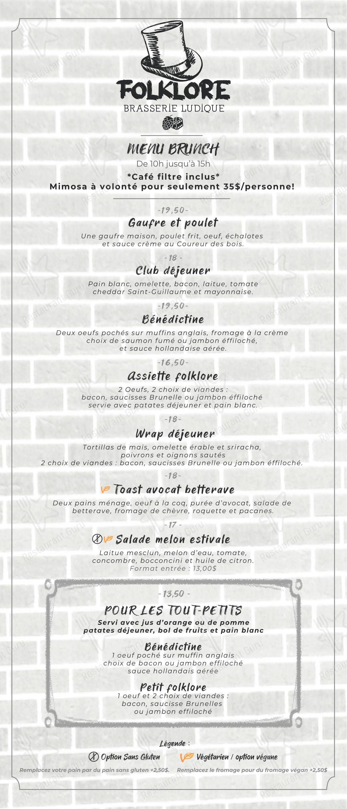 Carta del restaurante Folklore - Brasserie Ludique, Boucherville