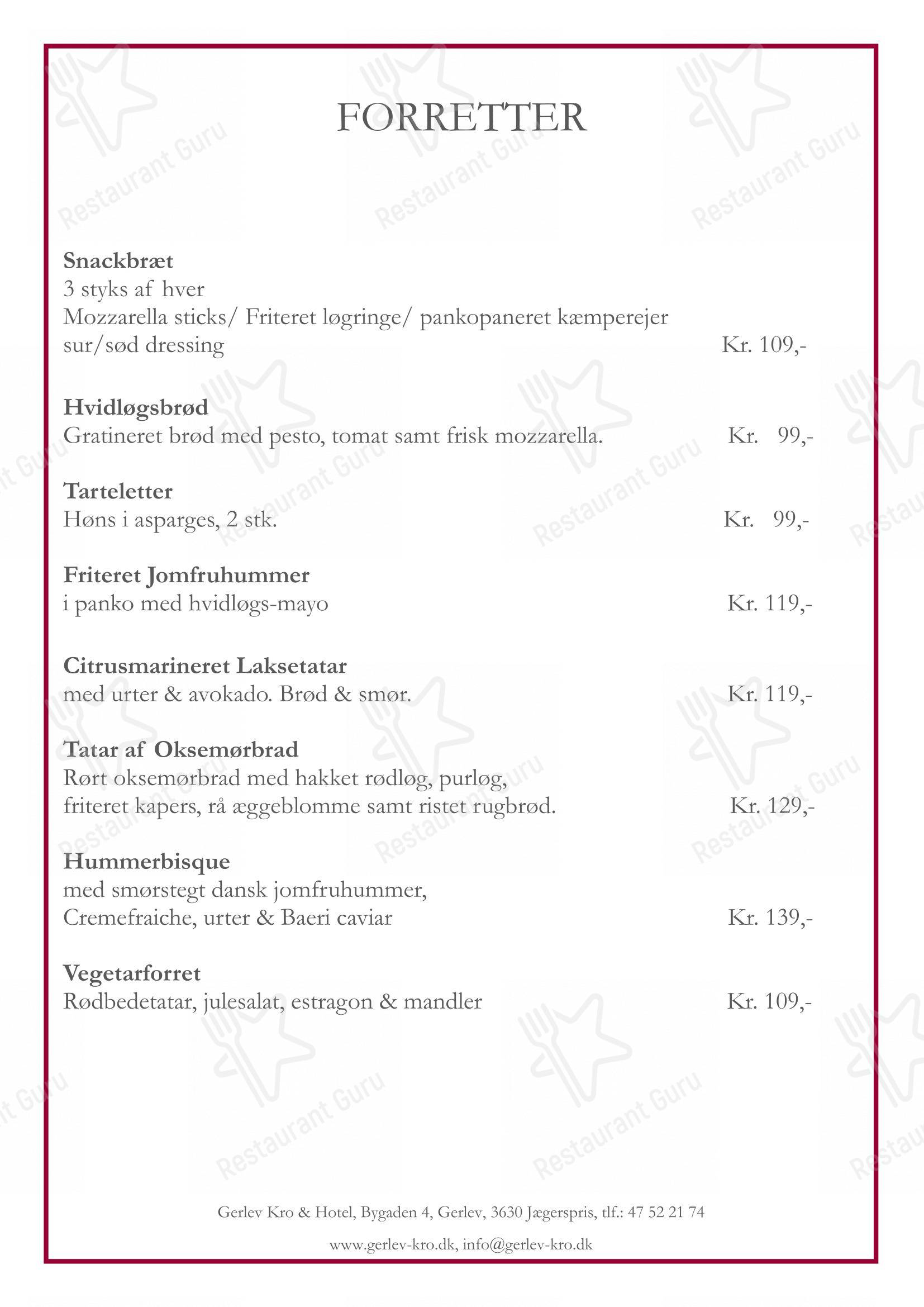 Menu at Gerlev Kro og Hotel restaurant, Denmark